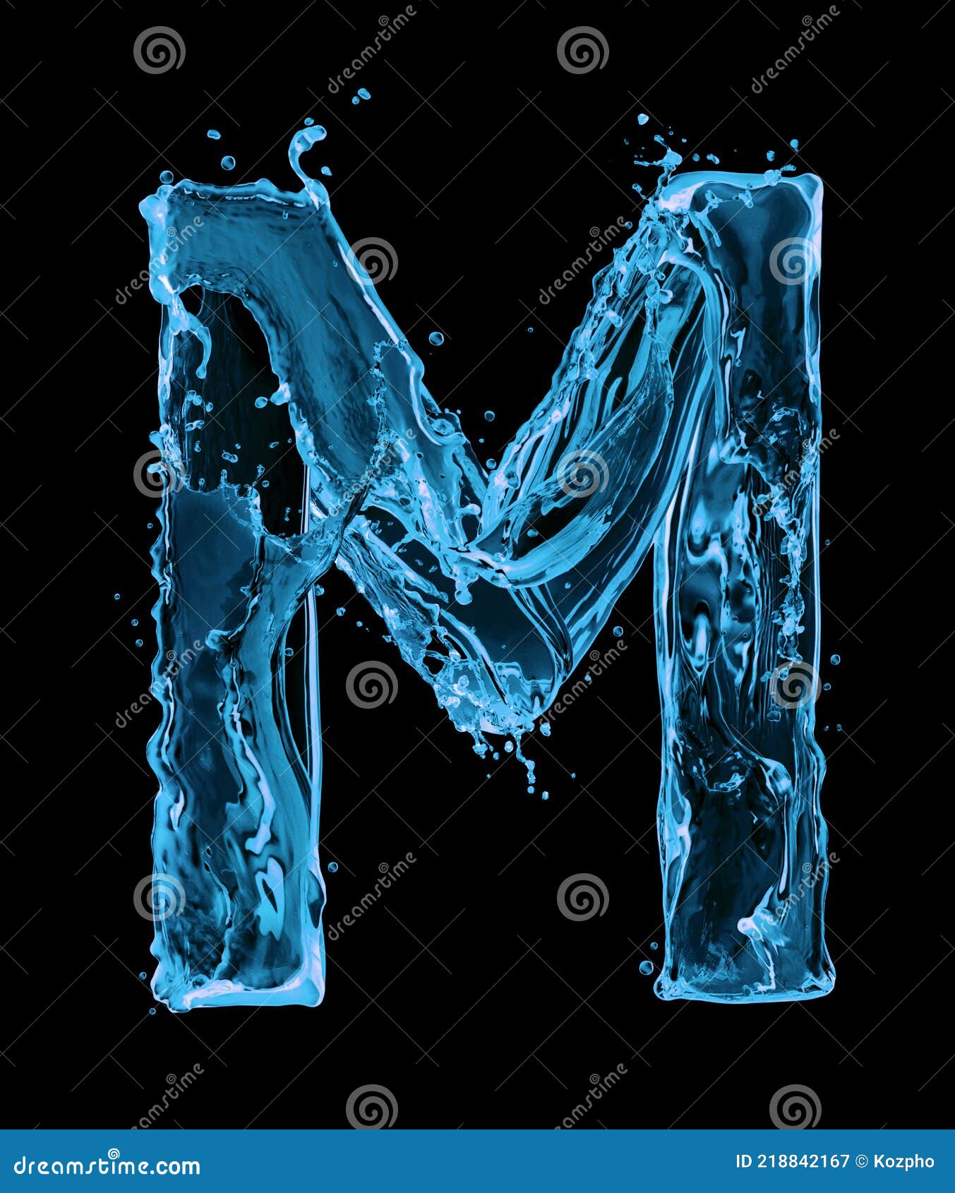 Latin Letter M Made of Water Splashes on a Black Background Stock ...