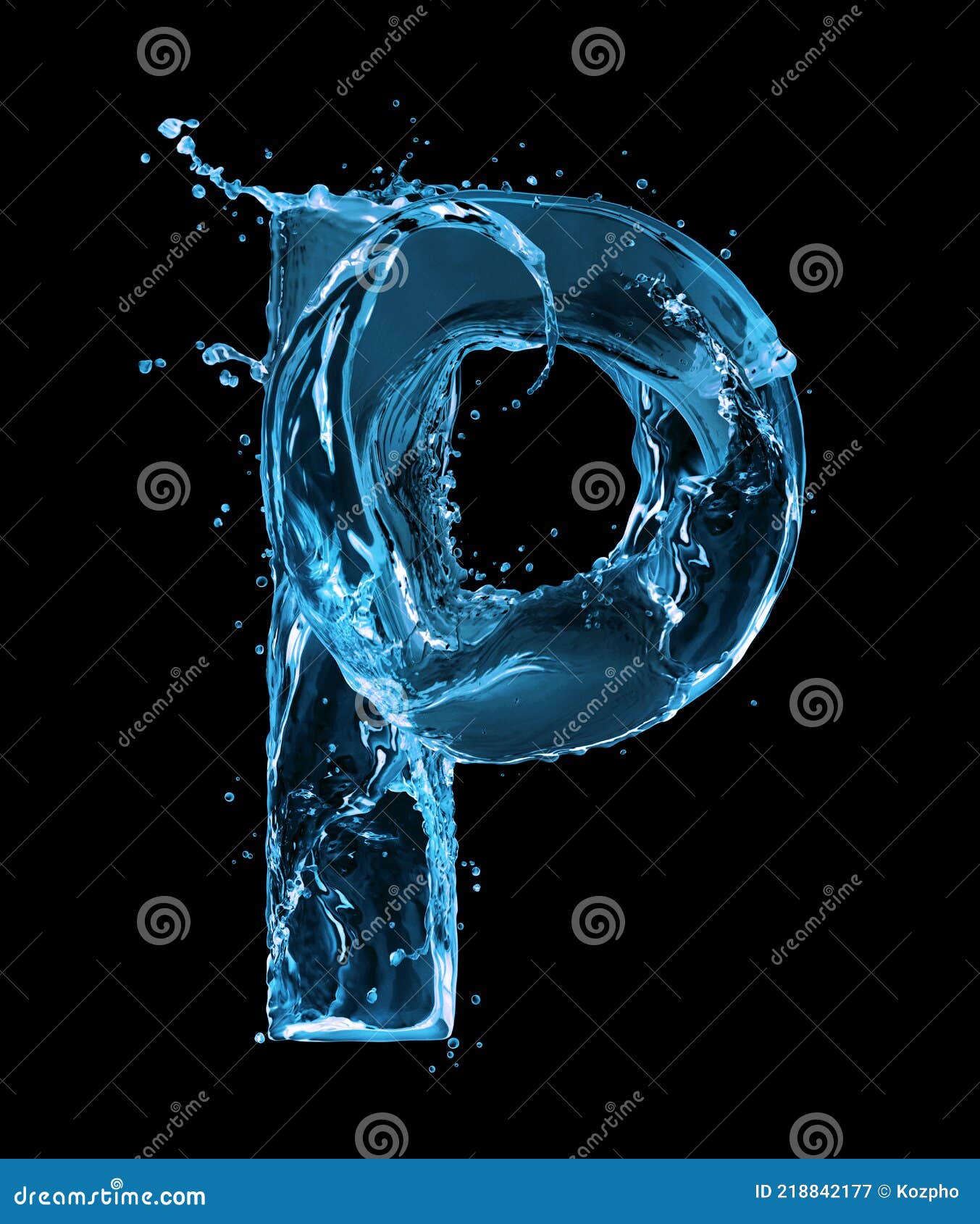 Latin Letter P Made of Water Splashes on a Black Background Stock ...