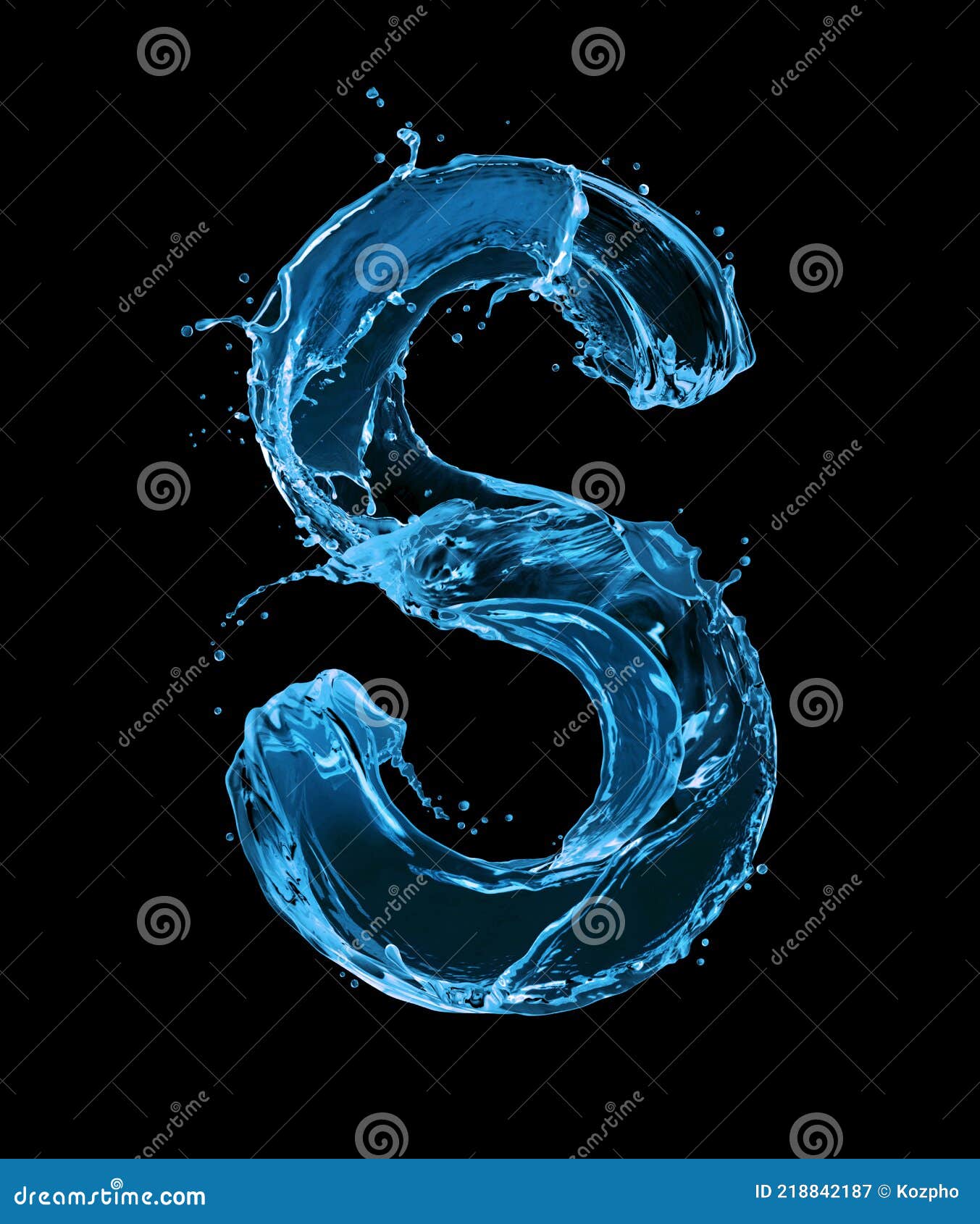 Latin Letter S Made of Water Splashes on a Black Background Stock ...