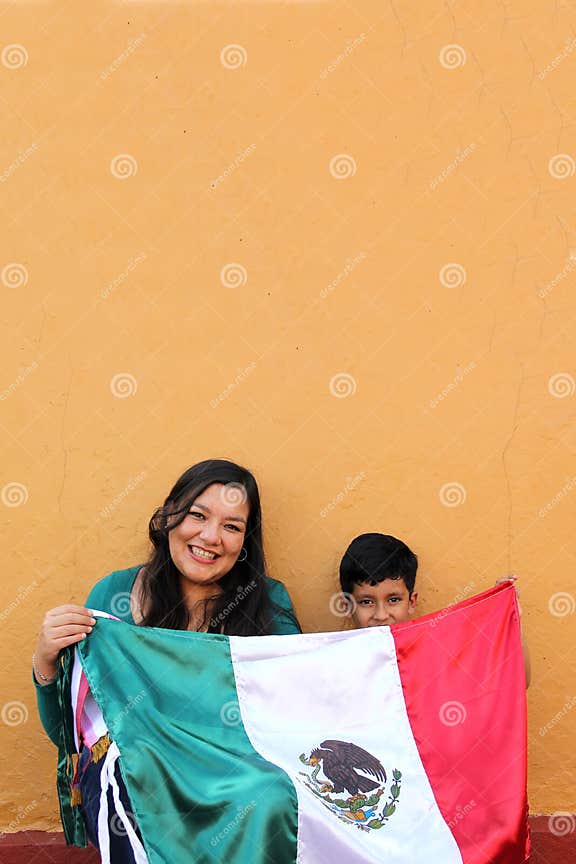 Latin Mexican Mom And Son Show The Flag Of Mexico Very Proud Of Their Culture And Tradition To
