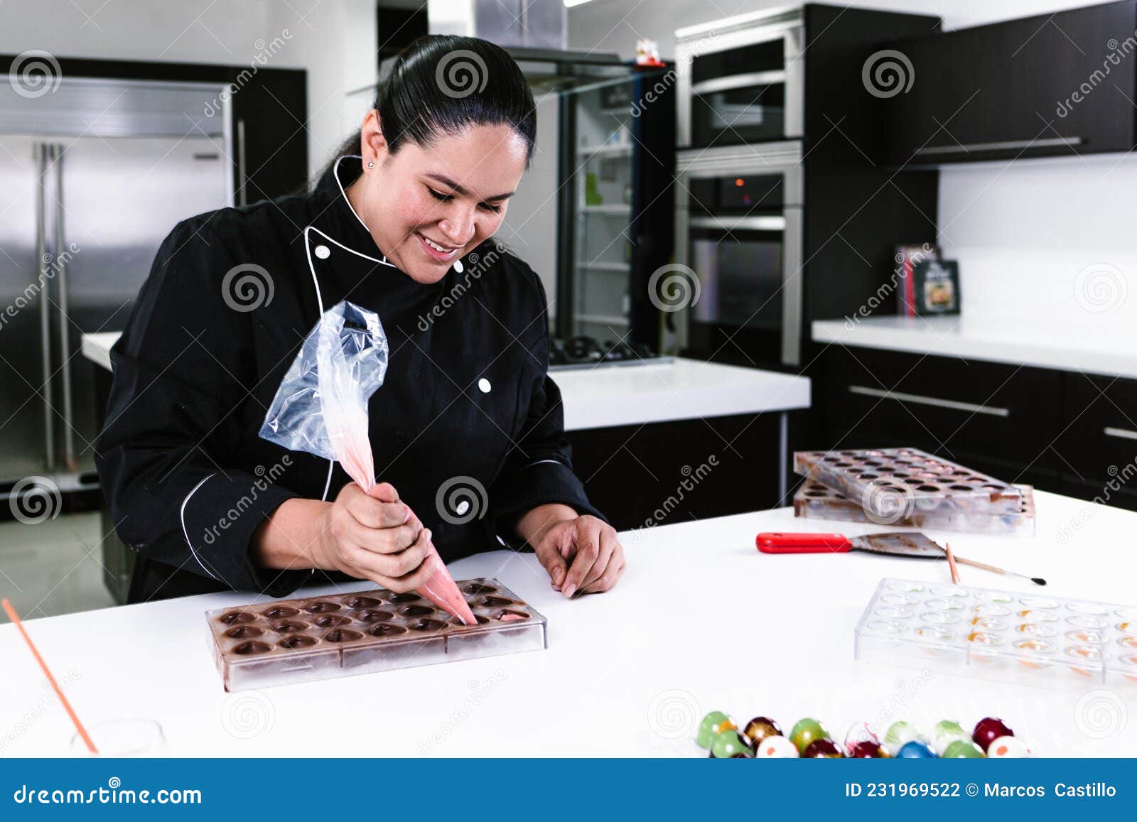 Latin Woman Pastry Chef Wearing Black Uniform in Process of Preparing ...