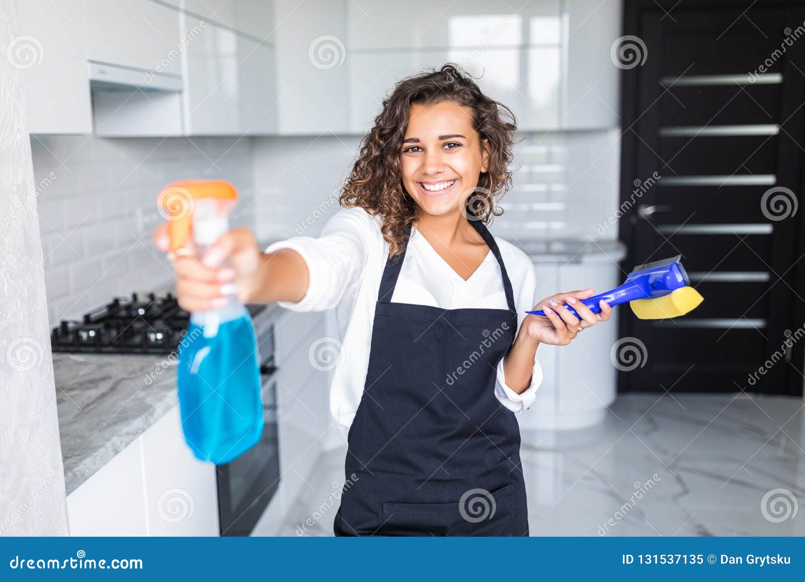 Latin Young Housewife Getting Ready for Kitchen Cleaning Stock Image ...
