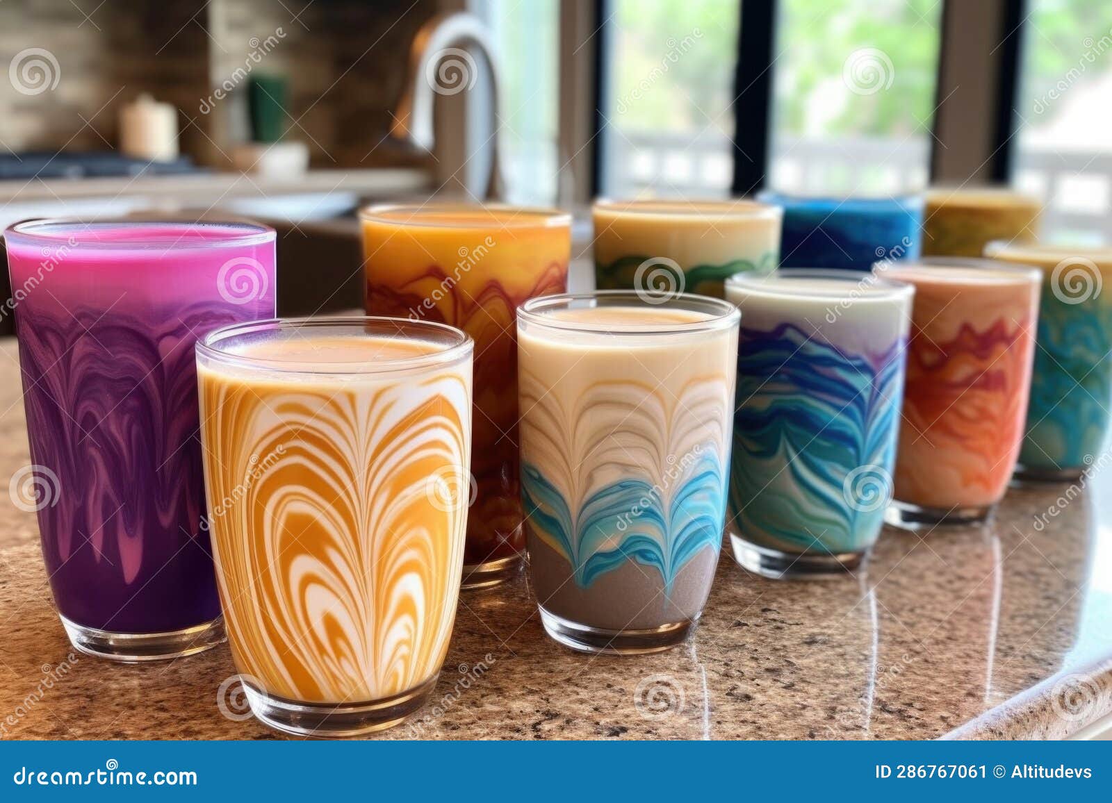 Latte Art Creations in Colorful Cups Lined Up on a Counter Stock Image ...