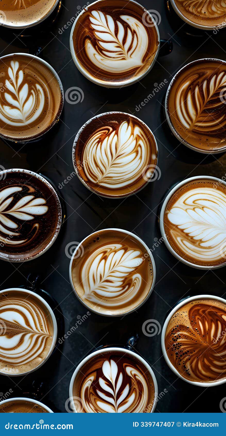 Latte Art Cups with Different Patterns and Shades on a Black Background ...