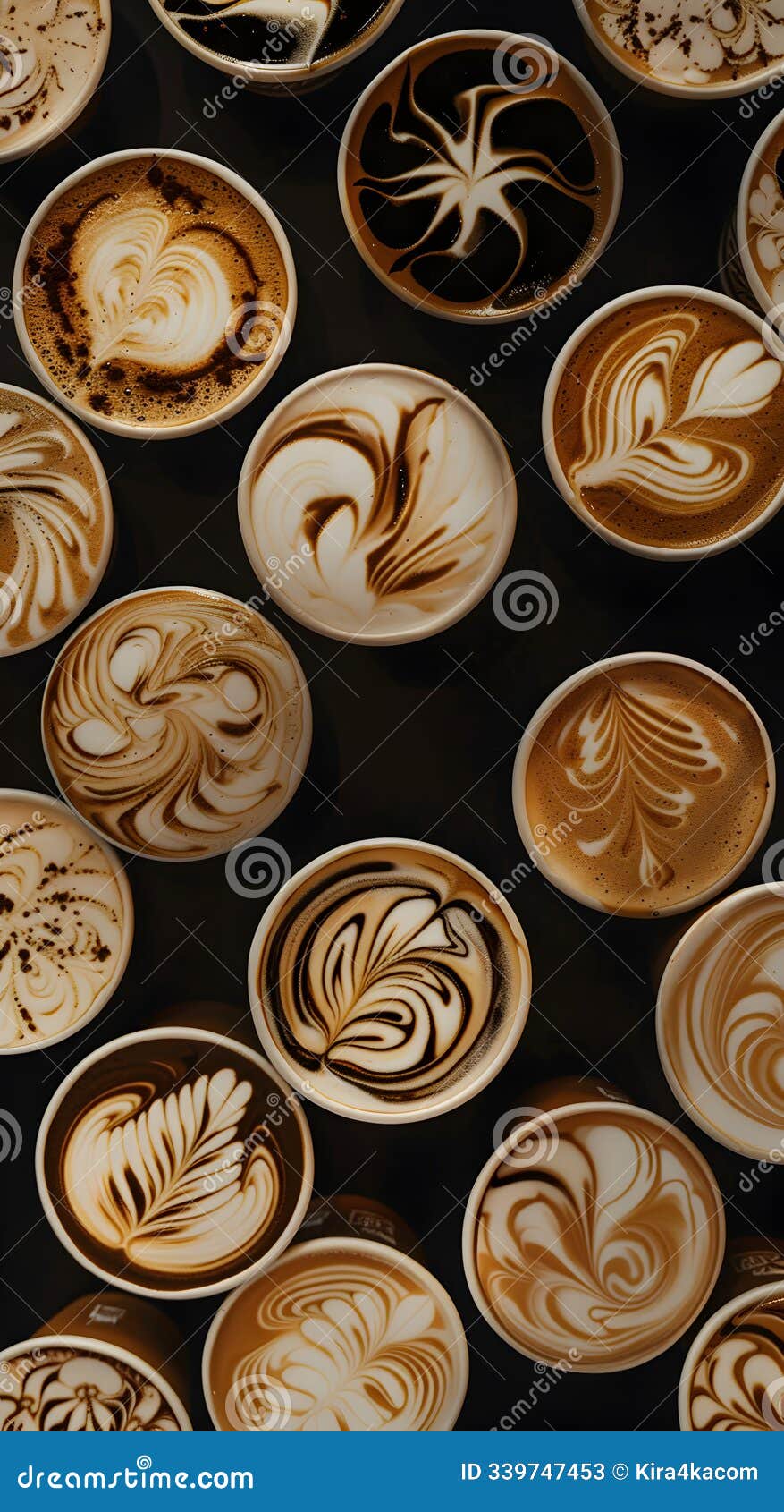 Latte Art Cups with Different Patterns and Shades on a Black Background ...