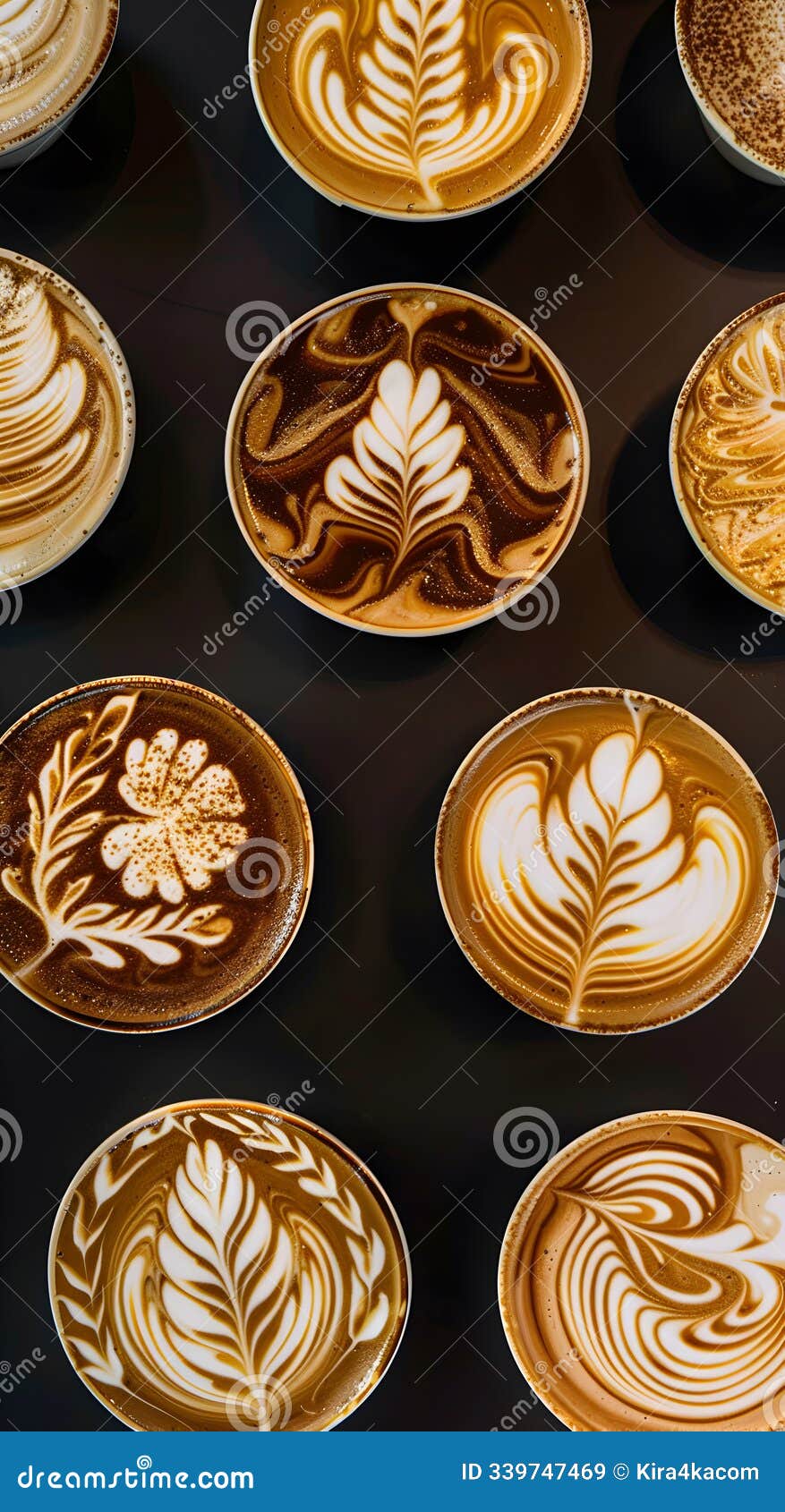 Latte Art Cups with Different Patterns and Shades on a Black Background ...
