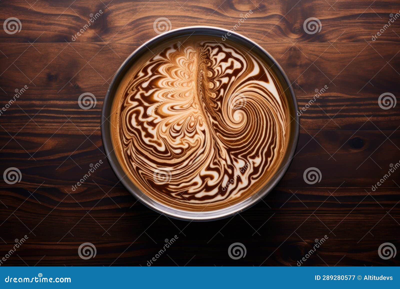 Latte Art Pattern on Dark Wood Table Stock Image - Image of coffee ...