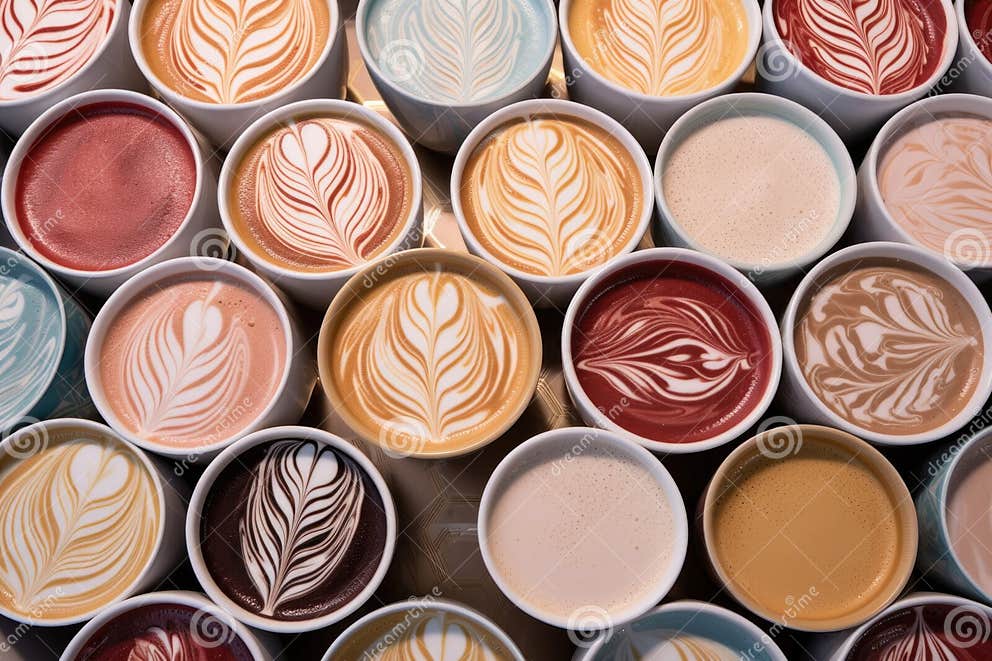 Latte Art Patterns on Multiple Coffee Cups Lined Up Stock Image - Image ...