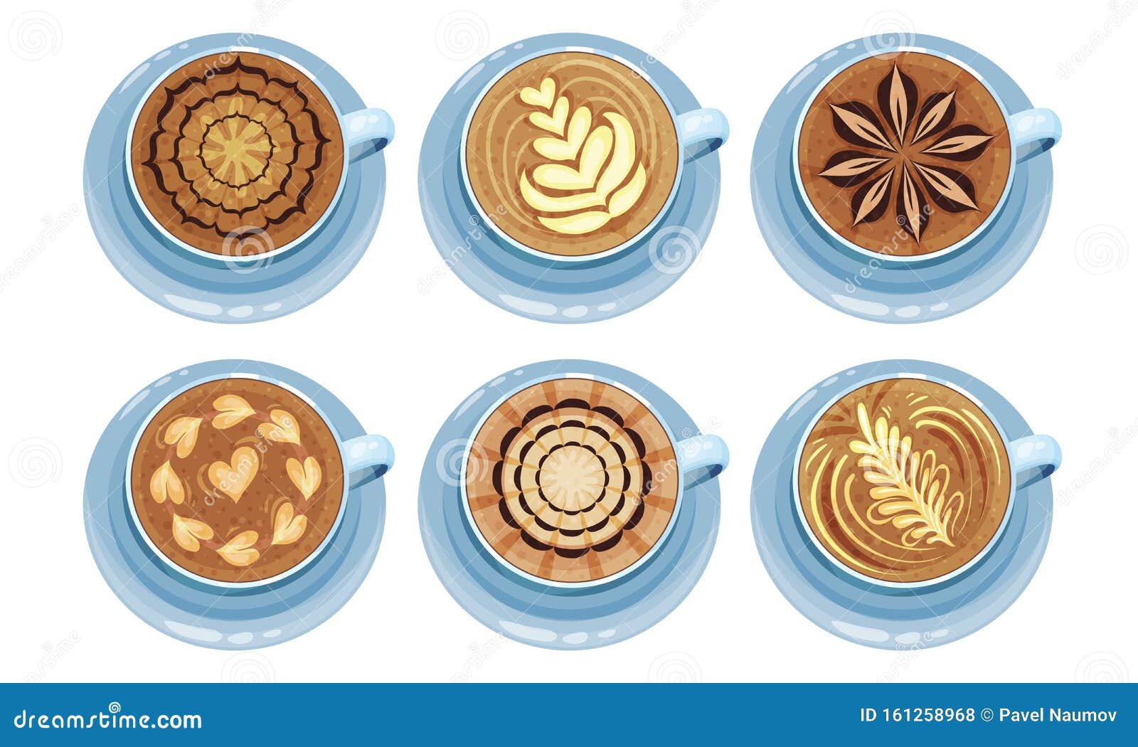 Latte Art. Top View Coffee Foam Drawing Vector Illustration Collection ...