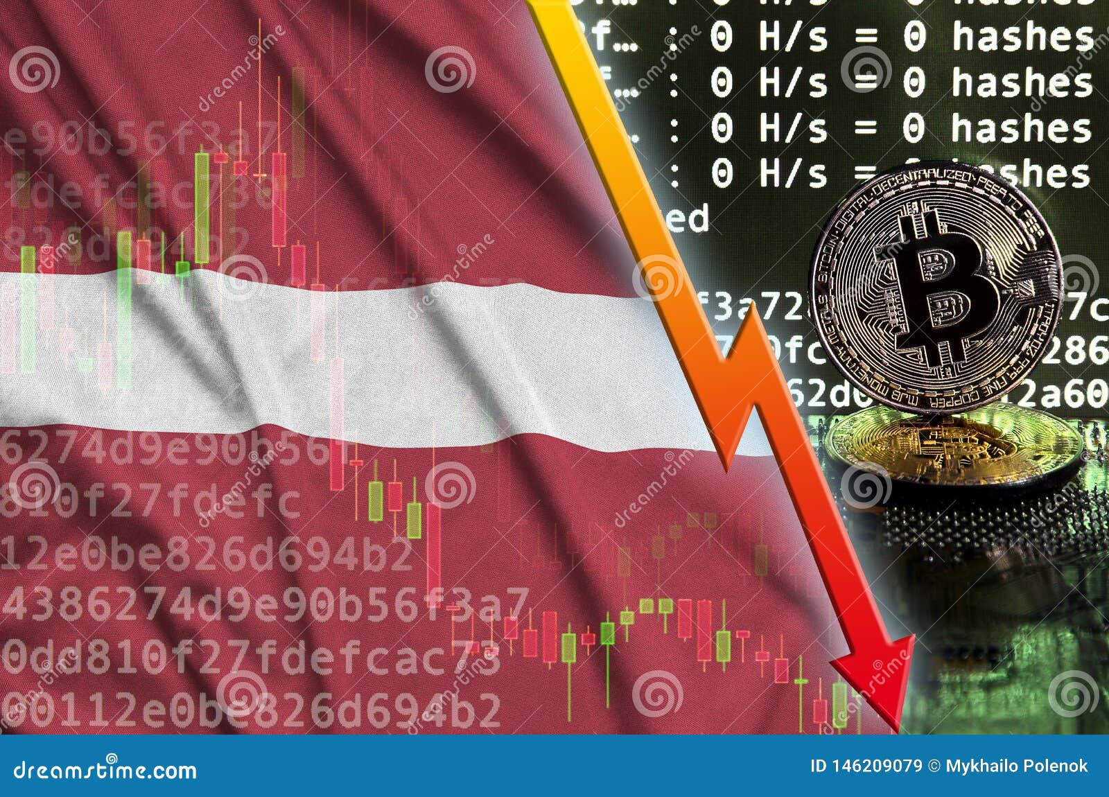 Latvia Flag and Falling Red Arrow on Bitcoin Mining Screen and Two ...