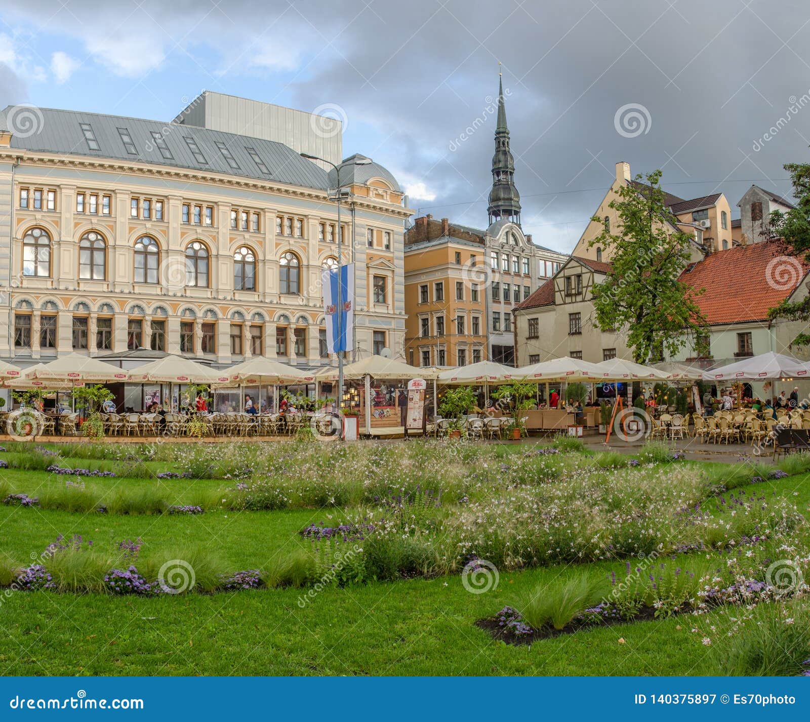 LATVIA RIGA AUG 2018 Evening View of the Street Cafes in the Old Riga ...