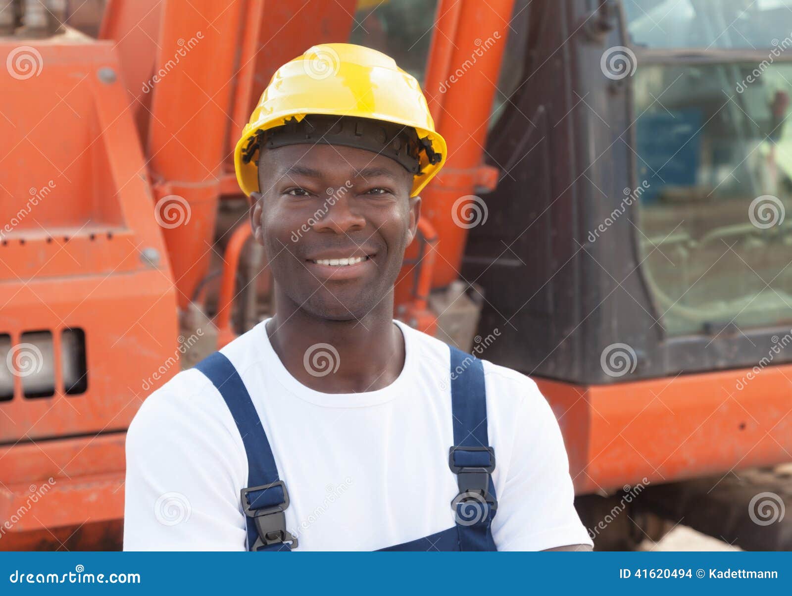 Laughing African Construction Worker with Red Excavator Stock Photo ...