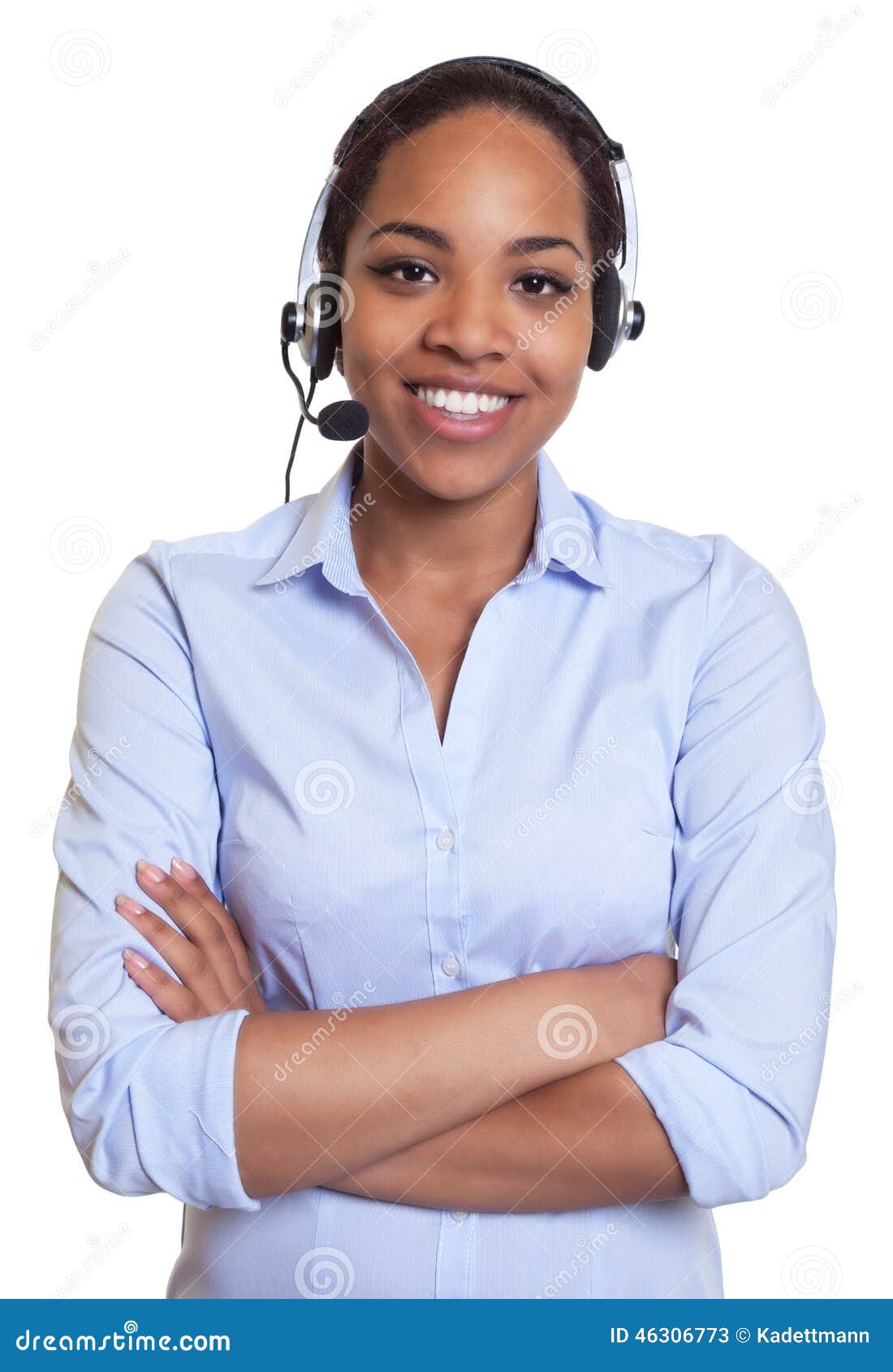 Laughing African Phone Operator with Headset Looking at Camera Stock ...