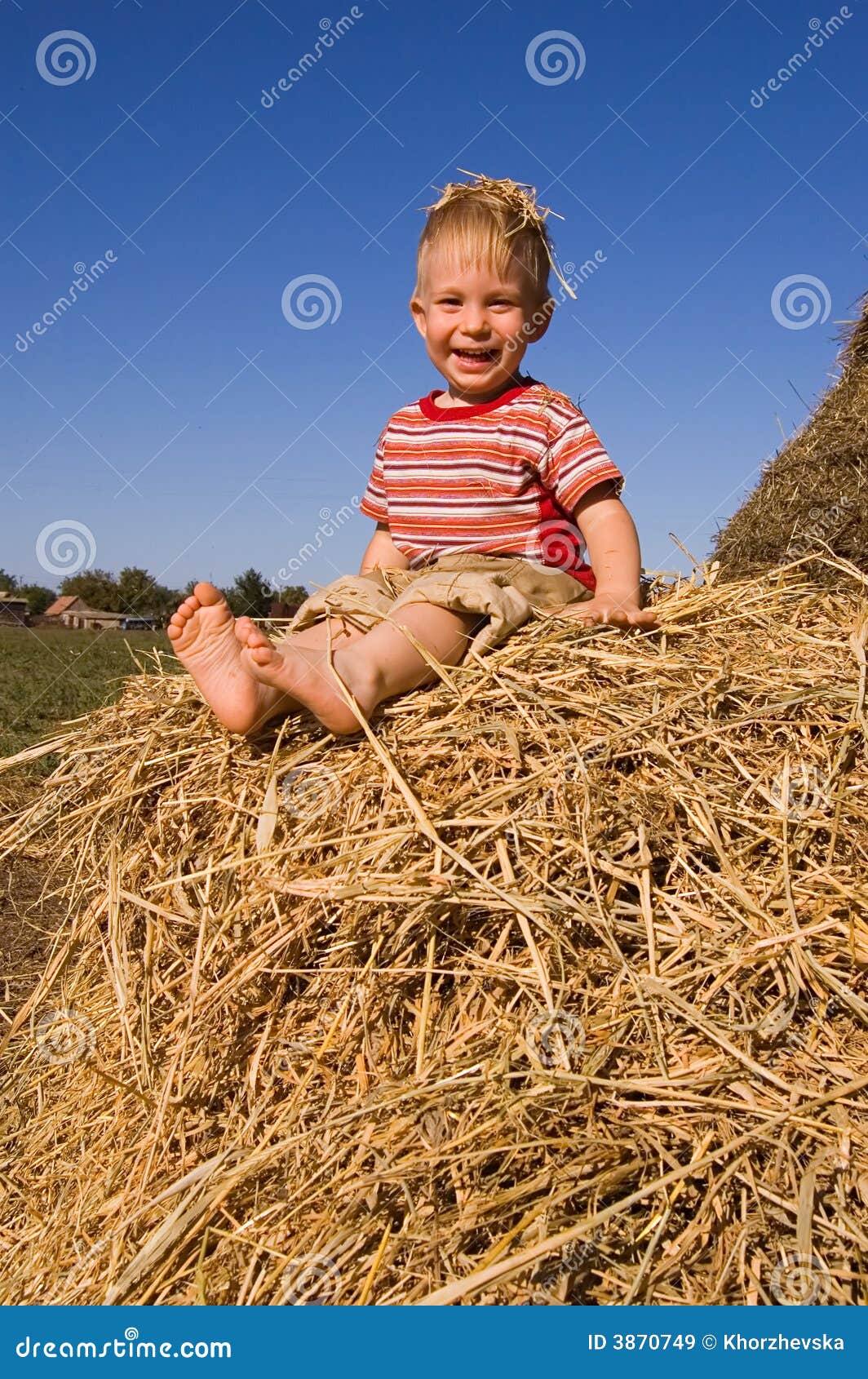 Laughing Barefooted Baby Boy Sit on a Hayrick Stock Image - Image of ...