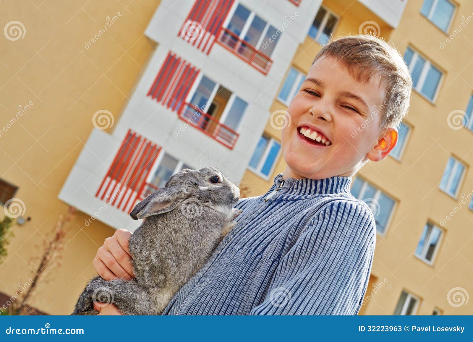 Laughing Boy that Holds Rabbit in Hands Stock Image - Image of outdoors ...