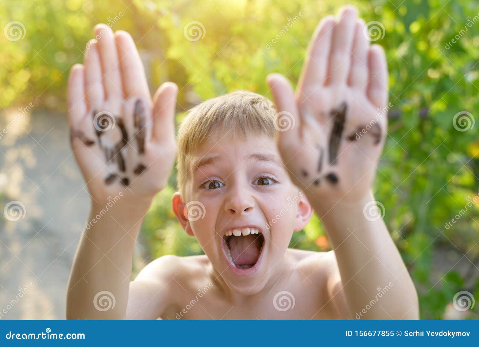 Laughing Boy with Raised Hands Written Question and Exclamation Marks ...