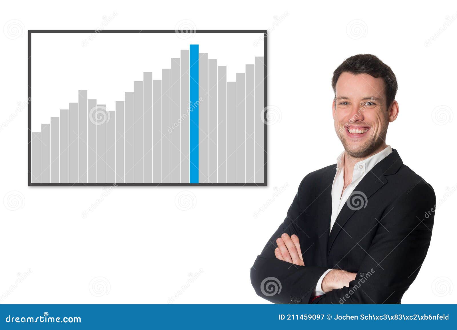 Laughing Businessman in Front of a Gray and Blue Graph Stock Image ...