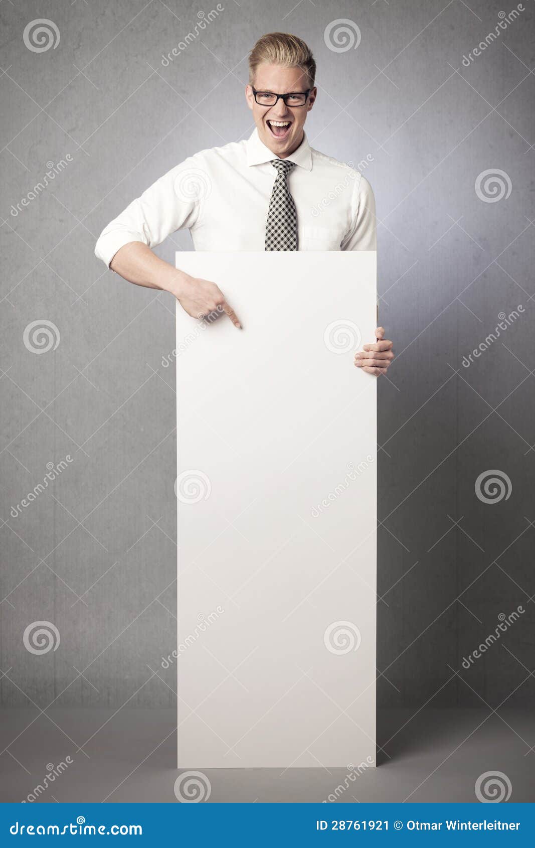 Laughing Businessman Pointing Finger At White Blank Poster. Stock Image ...