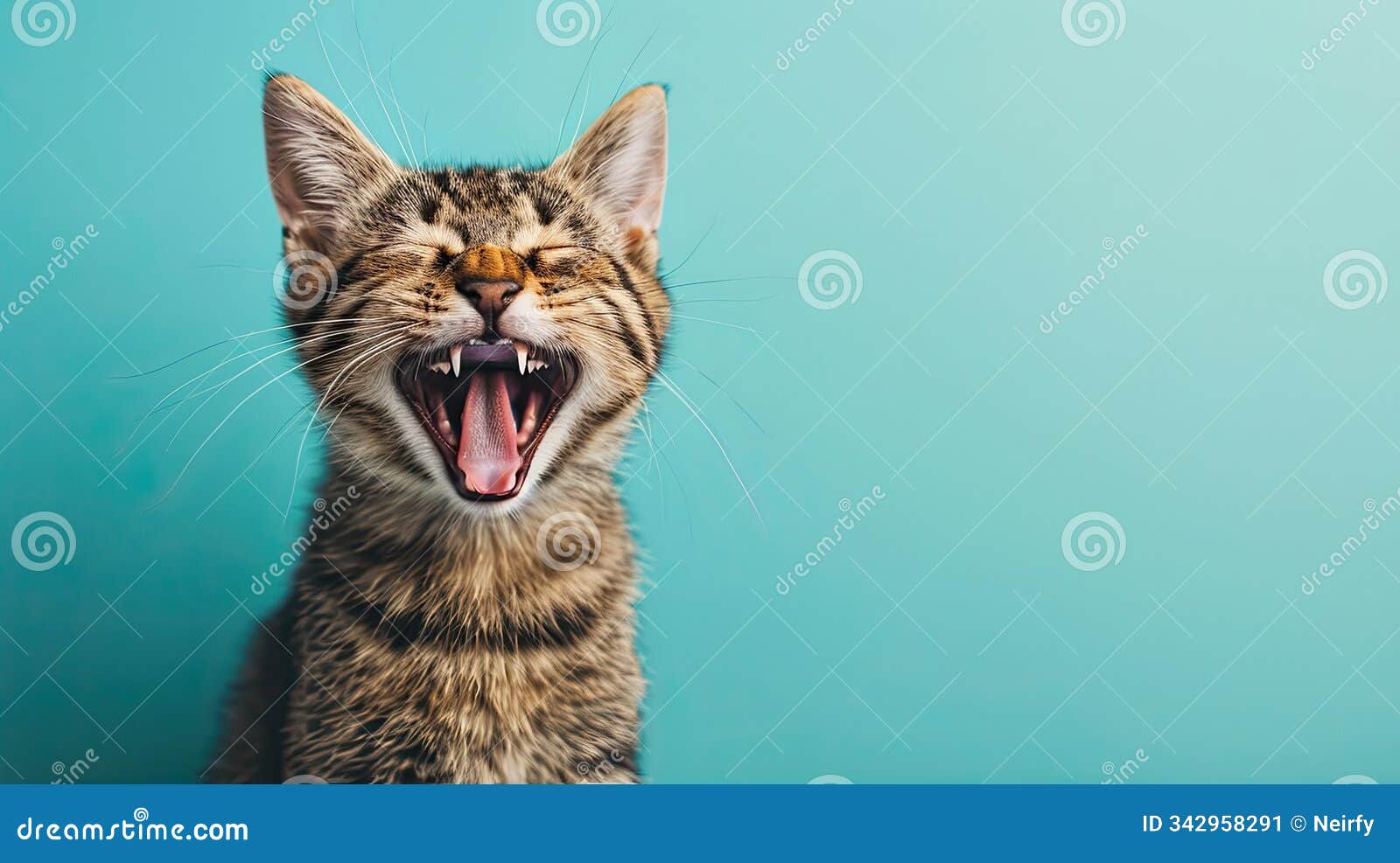 Laughing Cat on Plain Blue Background, Copy Space. Stock Image - Image ...