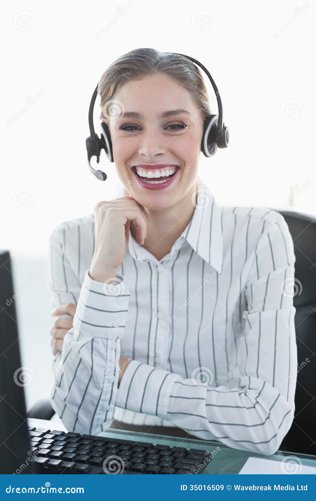 Laughing Chic Agent Wearing Headset Sitting at Her Desk Stock Image ...
