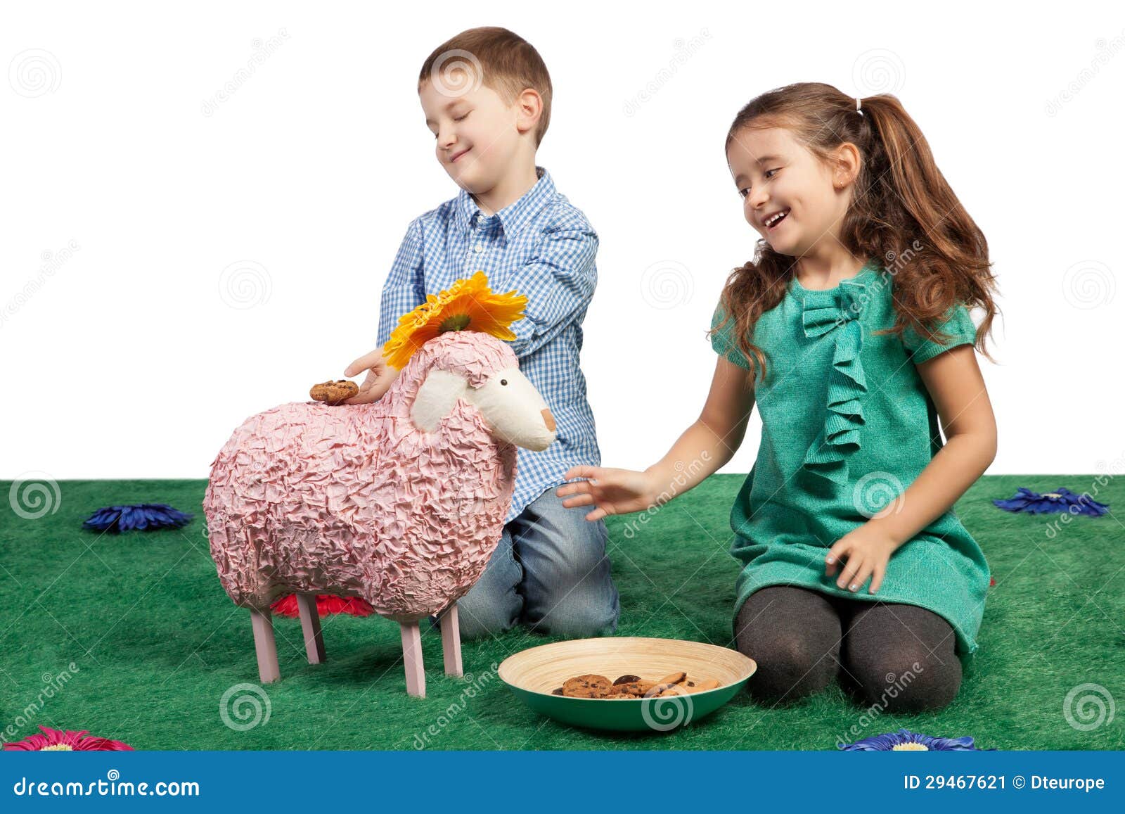 Laughing Children Playing with a Toy Sheep Stock Image - Image of girl ...