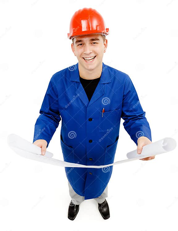 Laughing Engineer Holding Project Plans Stock Image - Image of stand ...