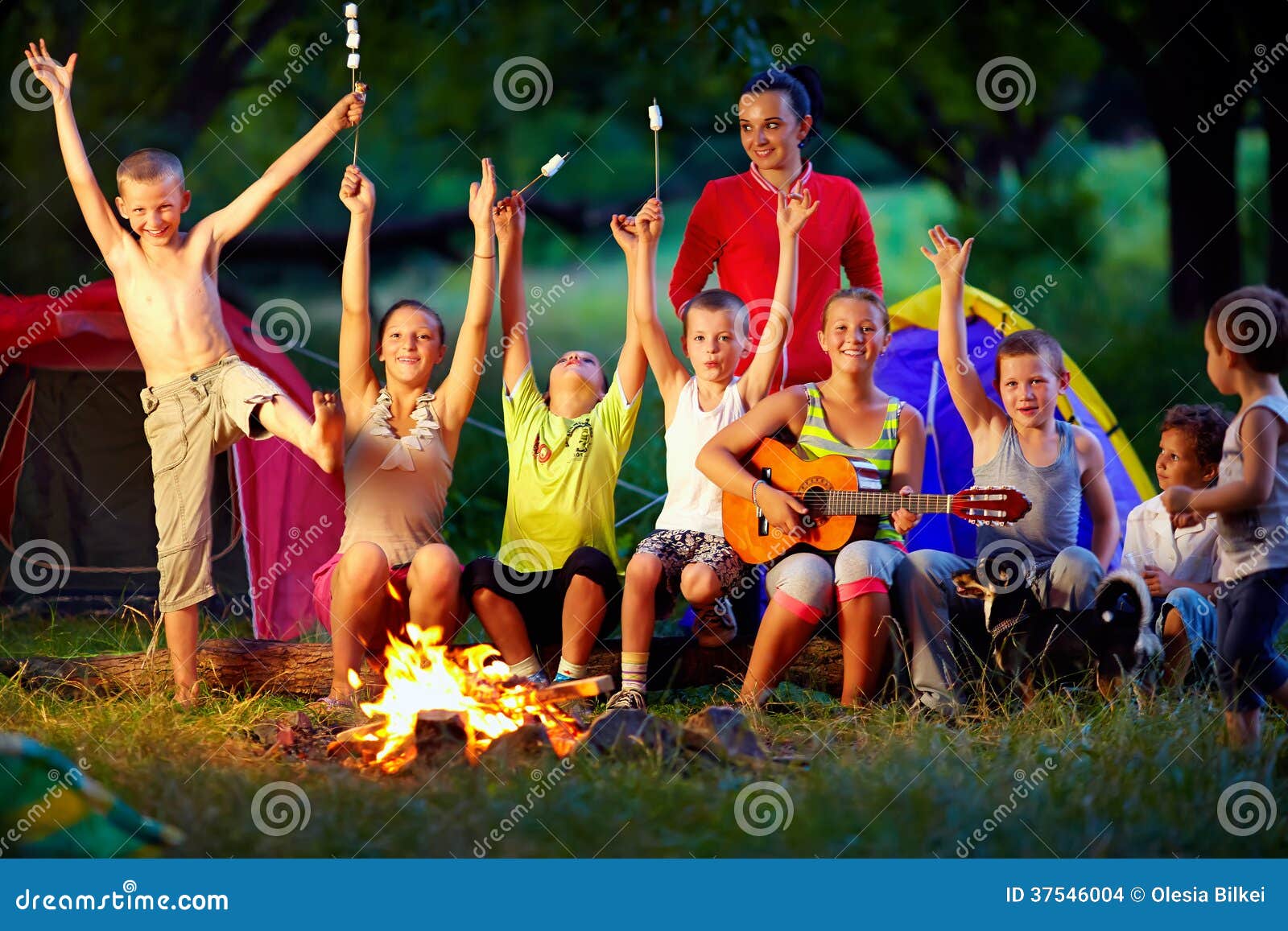 Laughing Friends Having Fun Around Campfire Stock Photo - Image of ...