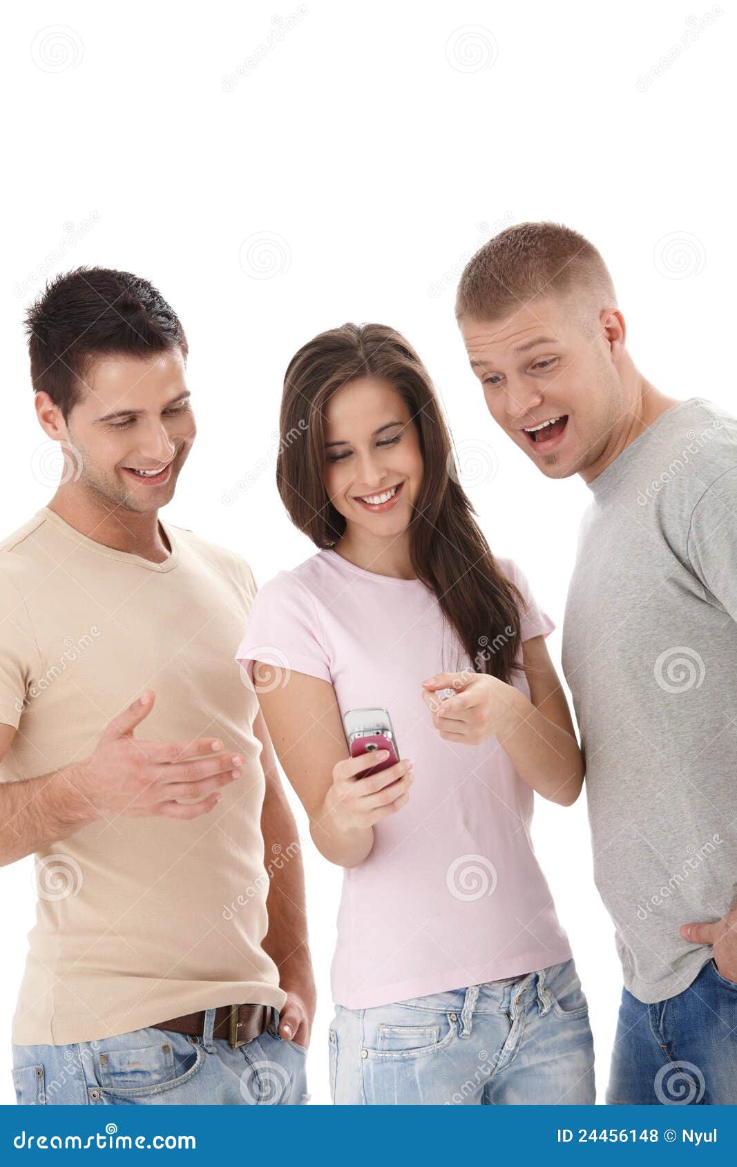 Laughing Friends Looking at Mobile Phone Stock Photo - Image of ...