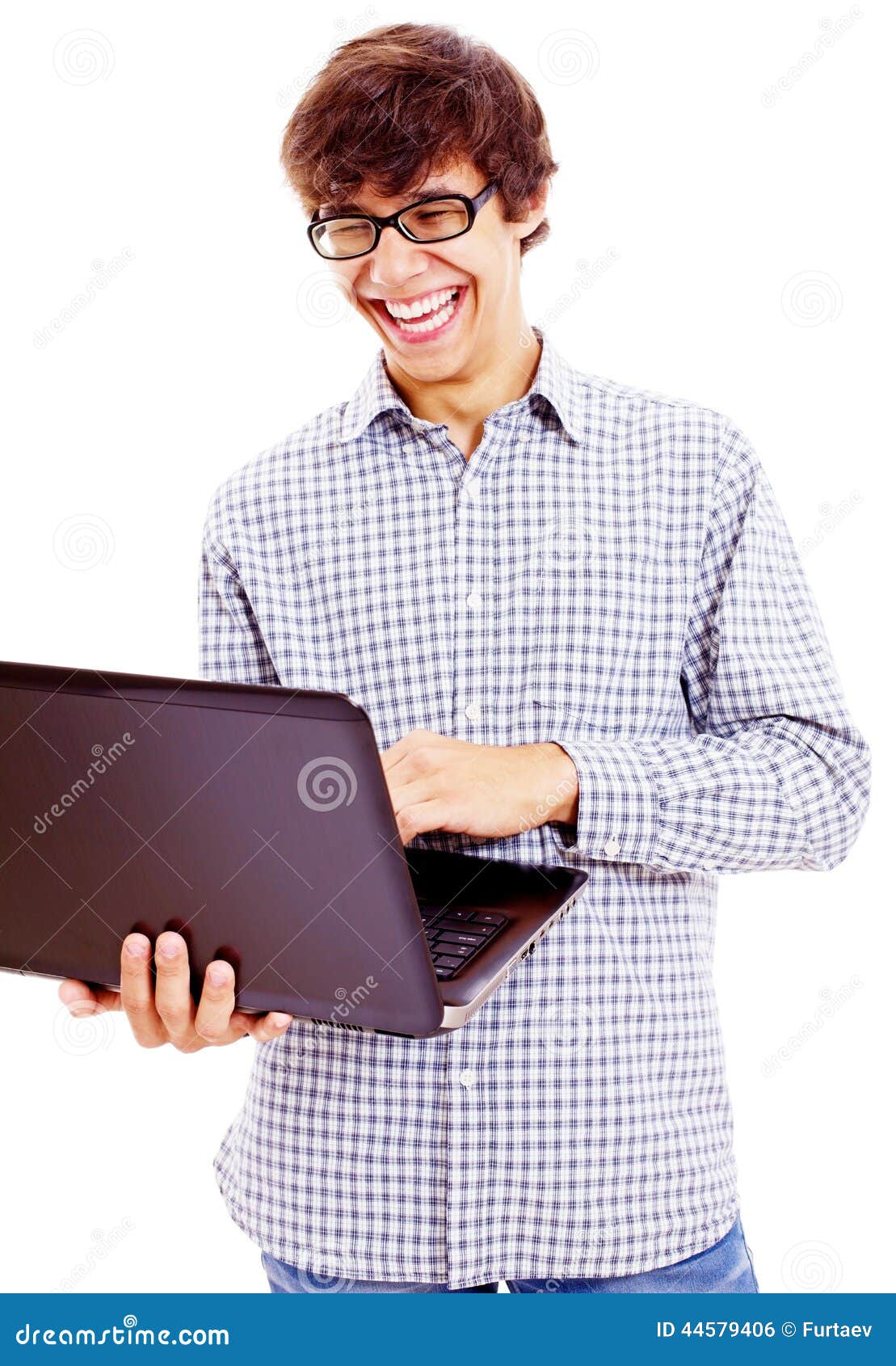 Laughing guy with laptop stock photo. Image of geek, hand - 44579406