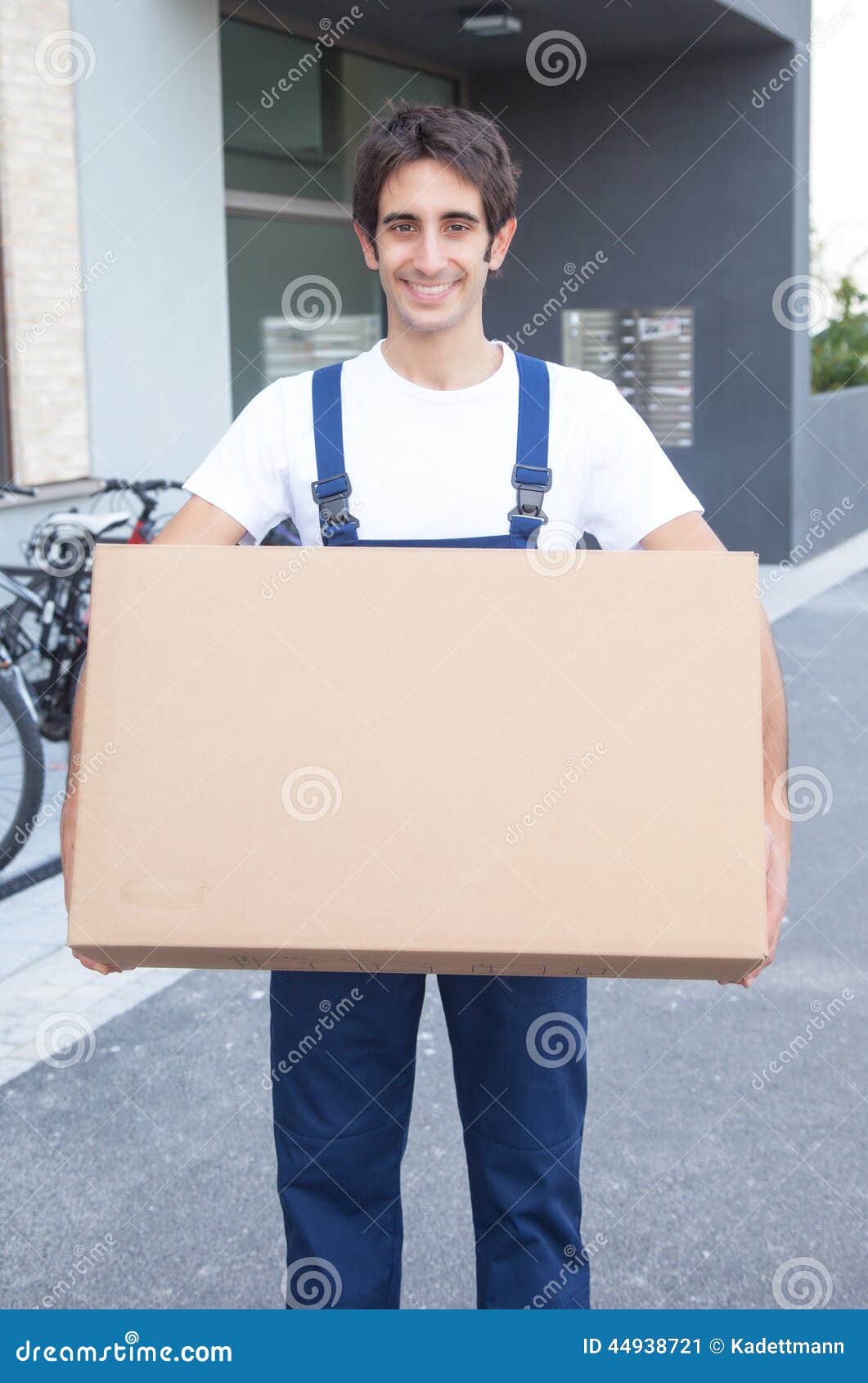 Laughing Hispanic Worker with Box Stock Image - Image of heavy ...