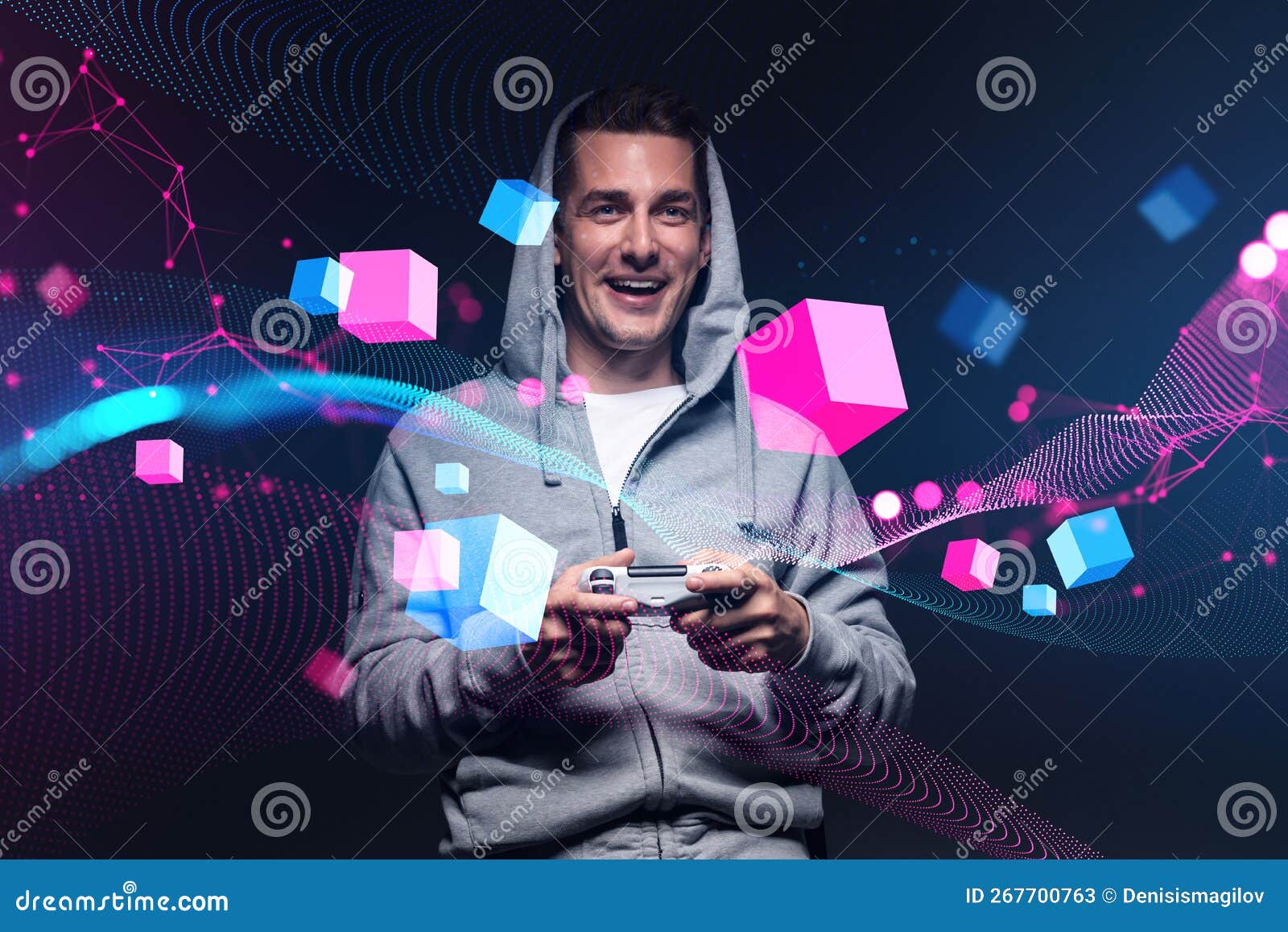 Laughing Man with a Game Controller, Virtual Reality with Data Blocks ...