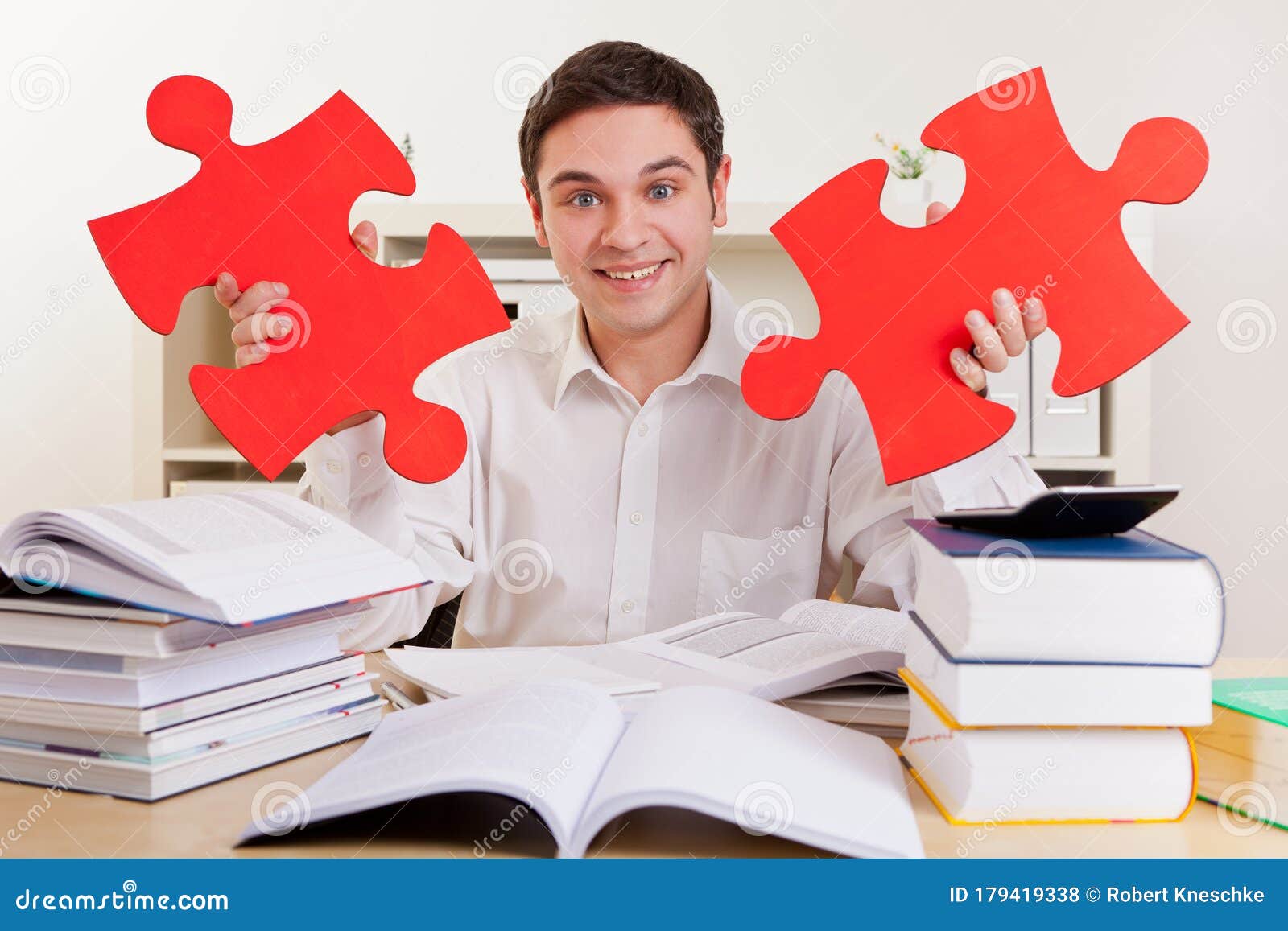 Laughing Man with Puzzle Pieces Stock Photo - Image of office, people ...
