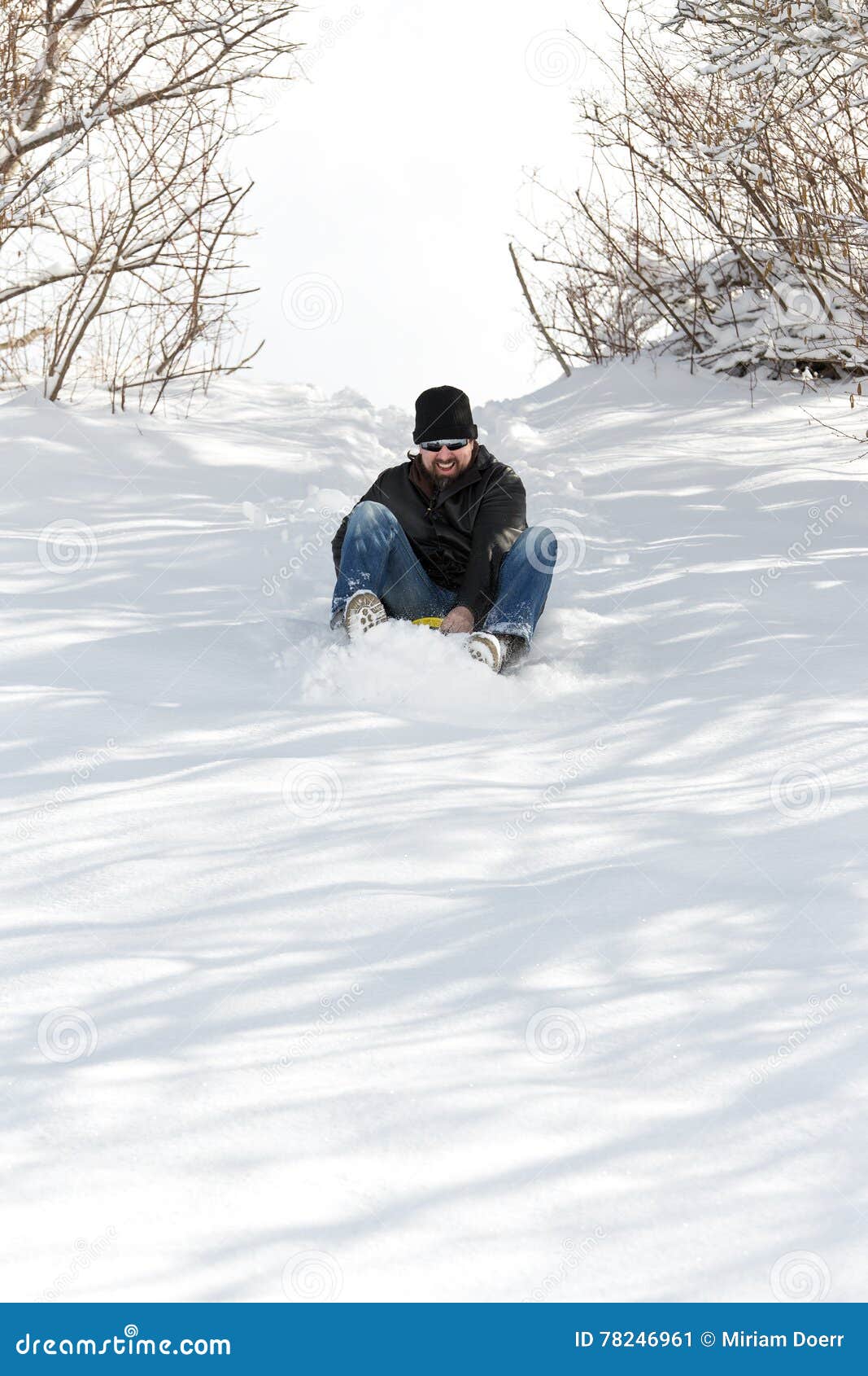 Laughing Man Sledging in Deep Snow, Concept Winter and Sleigh Ri Stock ...