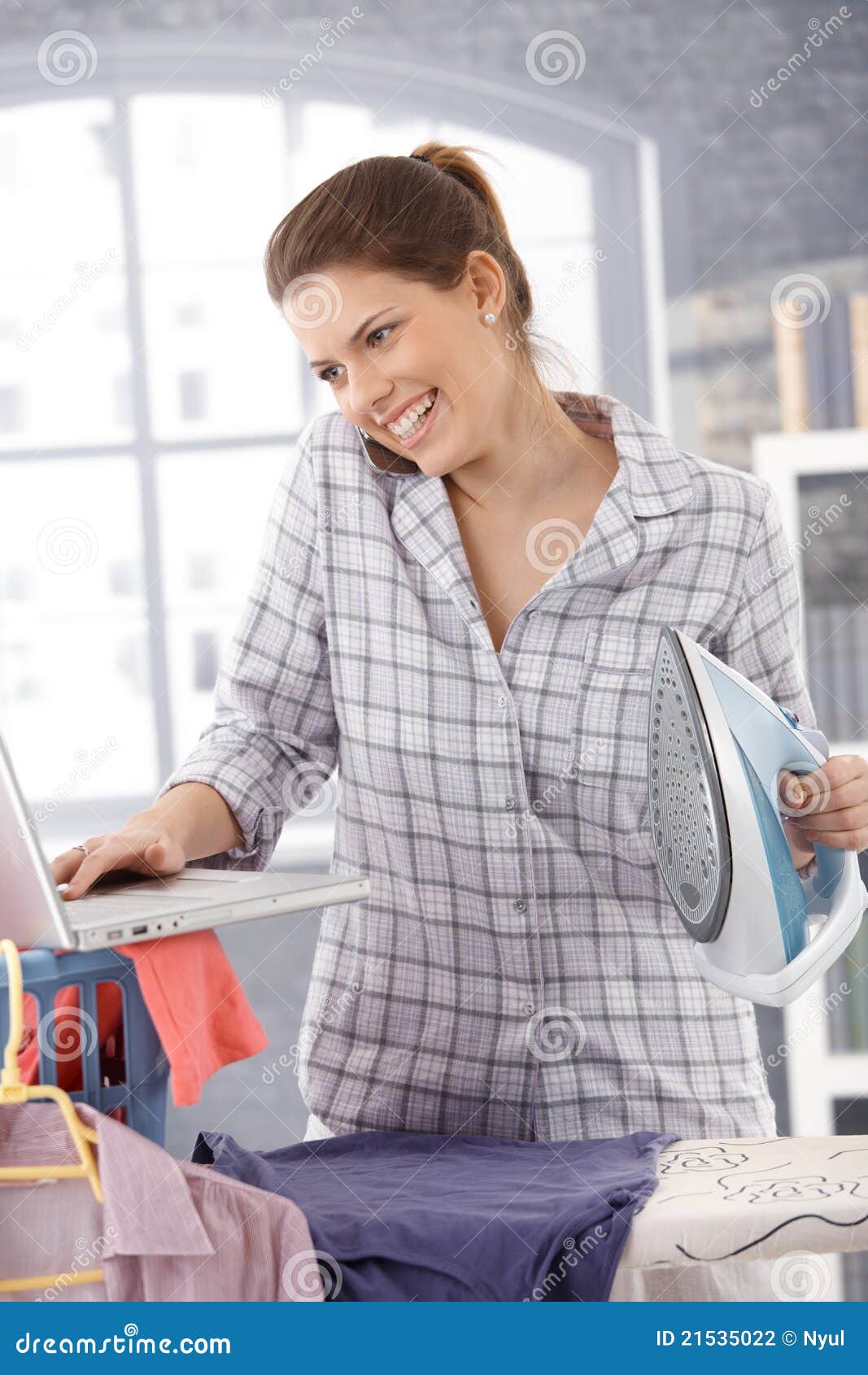 Laughing Modern Woman Multitasking Stock Photo - Image of cell ...