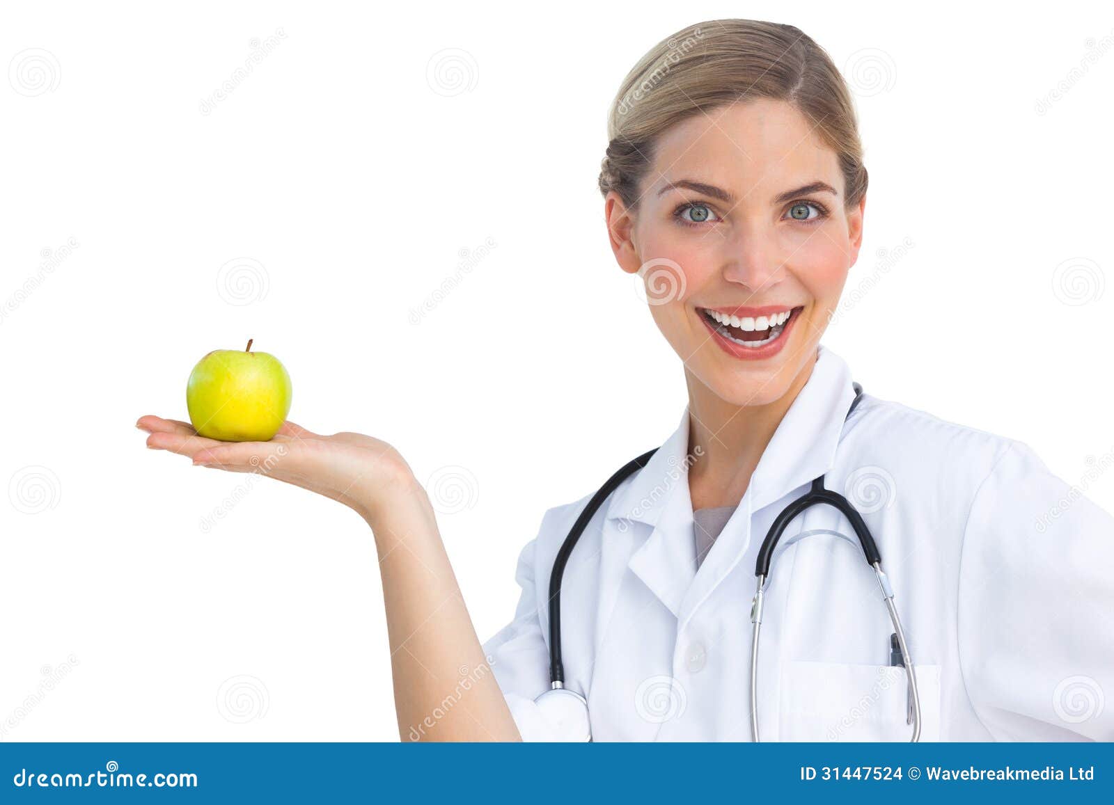 Laughing Nurse with Apple on Her Hand Stock Photo - Image of eating ...