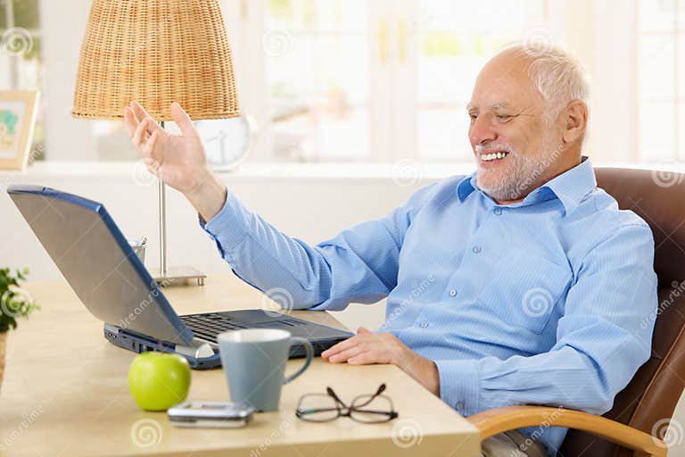 Laughing Old Man Using Laptop Stock Image - Image of contemporary, good ...