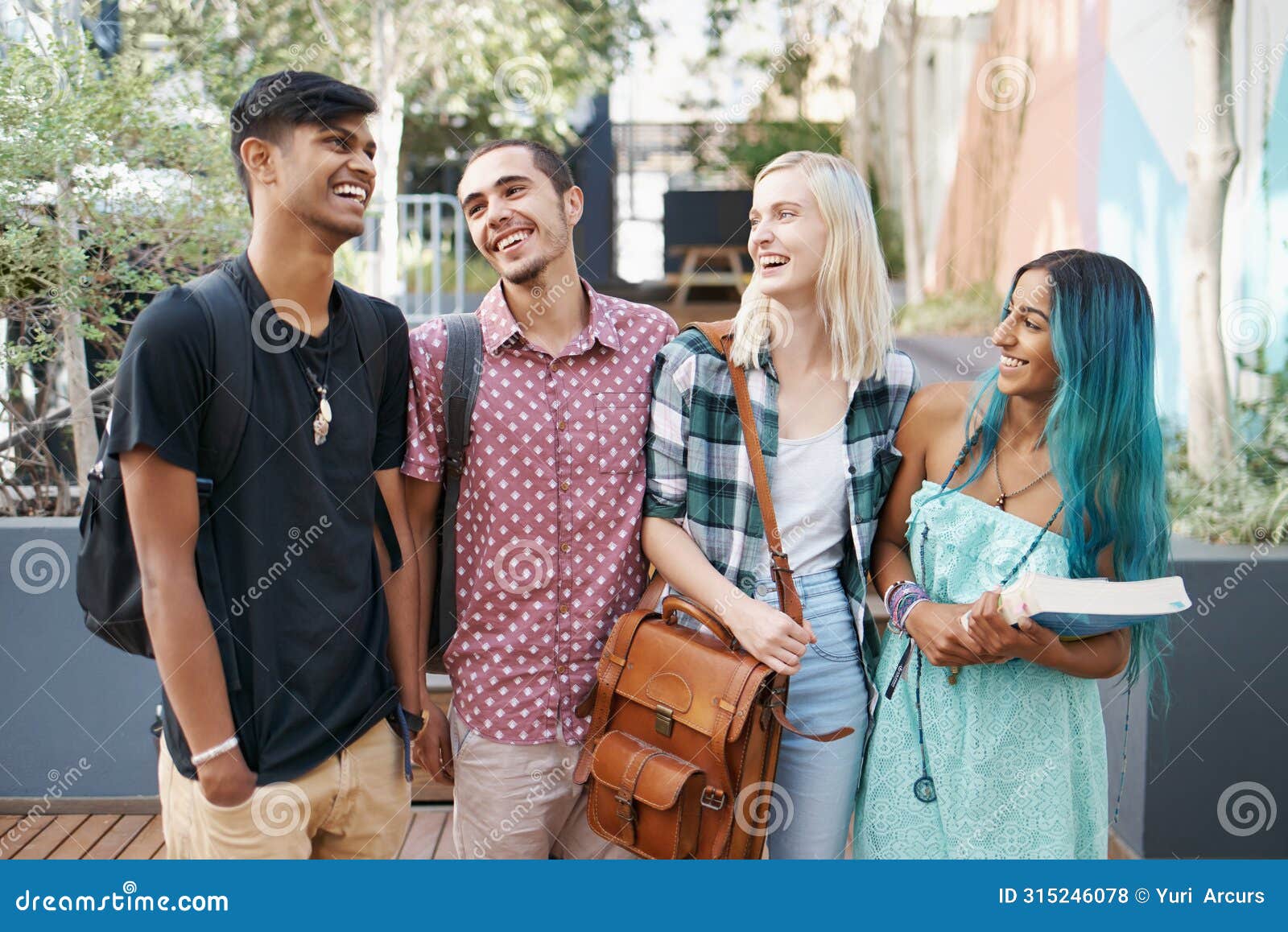 Laughing Students, Bonding or Study Break on College Campus for Group ...