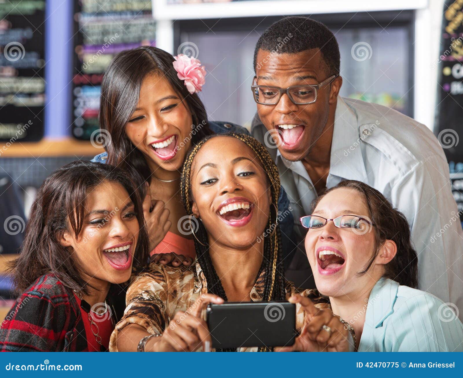 Laughing Students Holding Smartphone Stock Image - Image of self ...