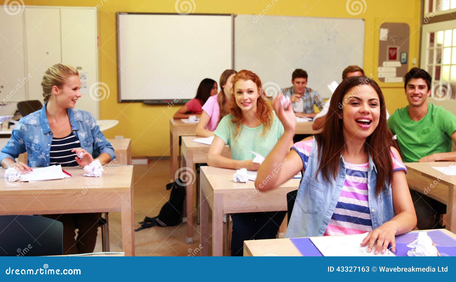 Laughing Students Throwing Paper in Classroom Stock Video - Video of ...