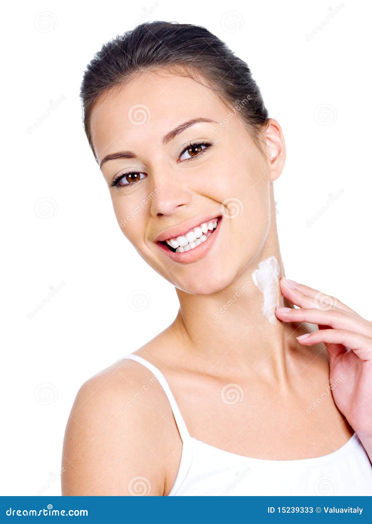 Laughing Woman Applying Cream on the Neck Stock Image - Image of ...