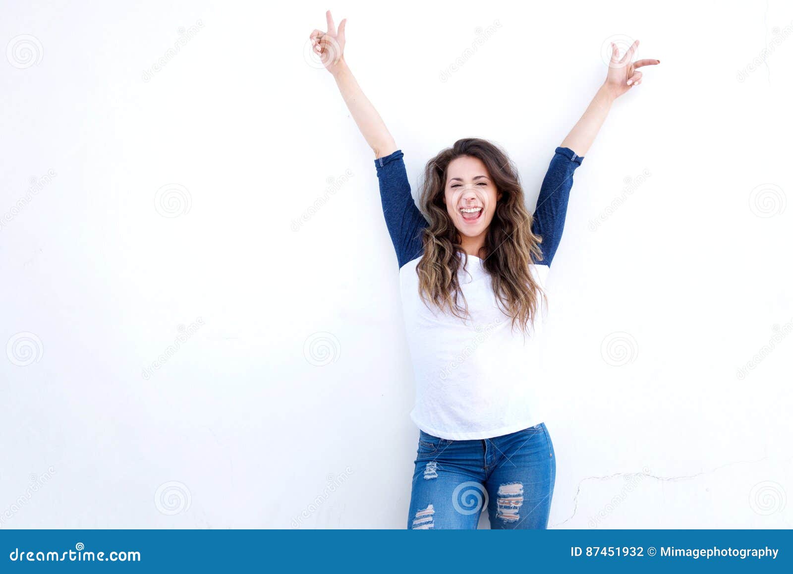 Laughing woman arms raised stock photo. Image of confident - 87451932