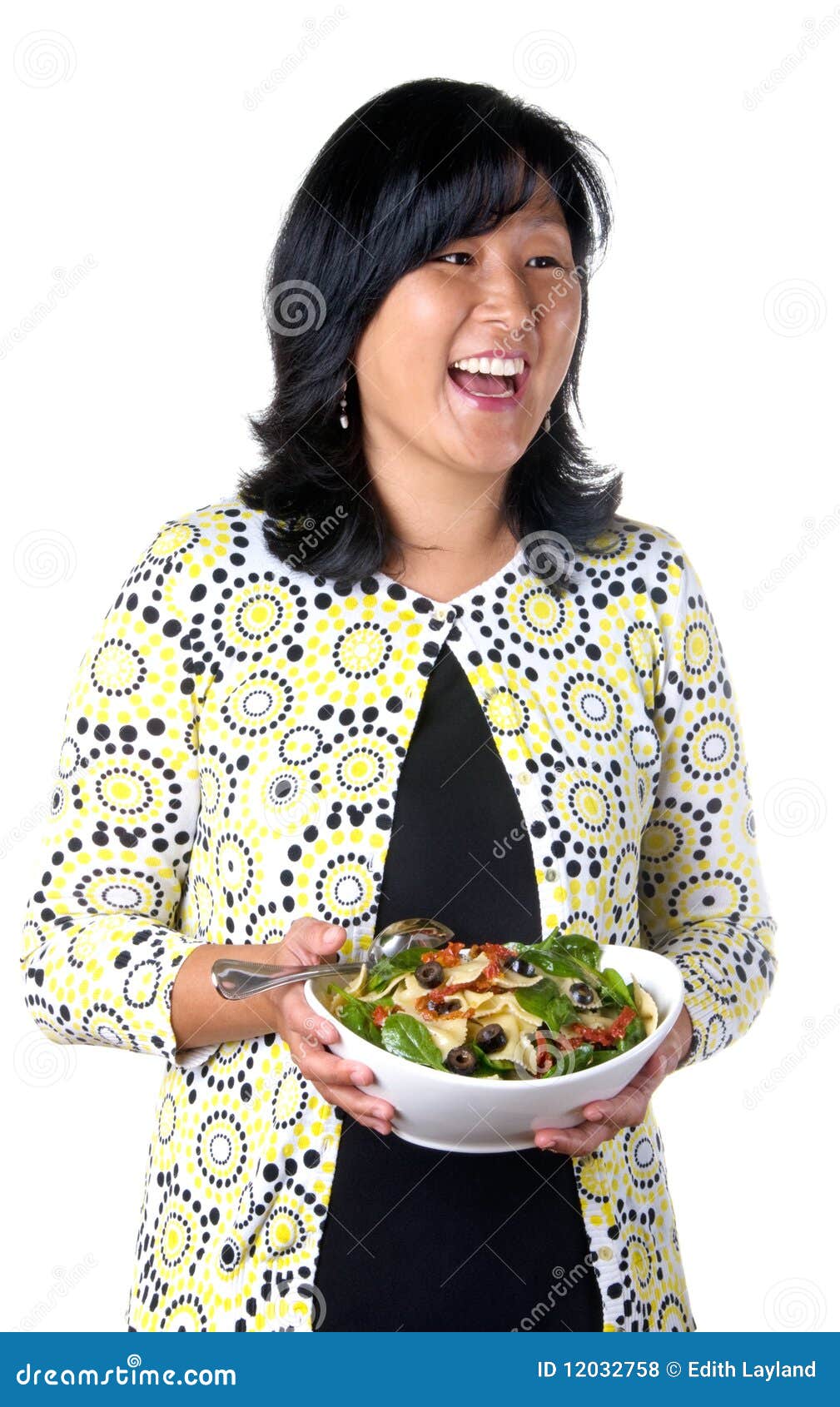 Laughing Woman with Bowl of Pasta Salad Stock Photo - Image of ...