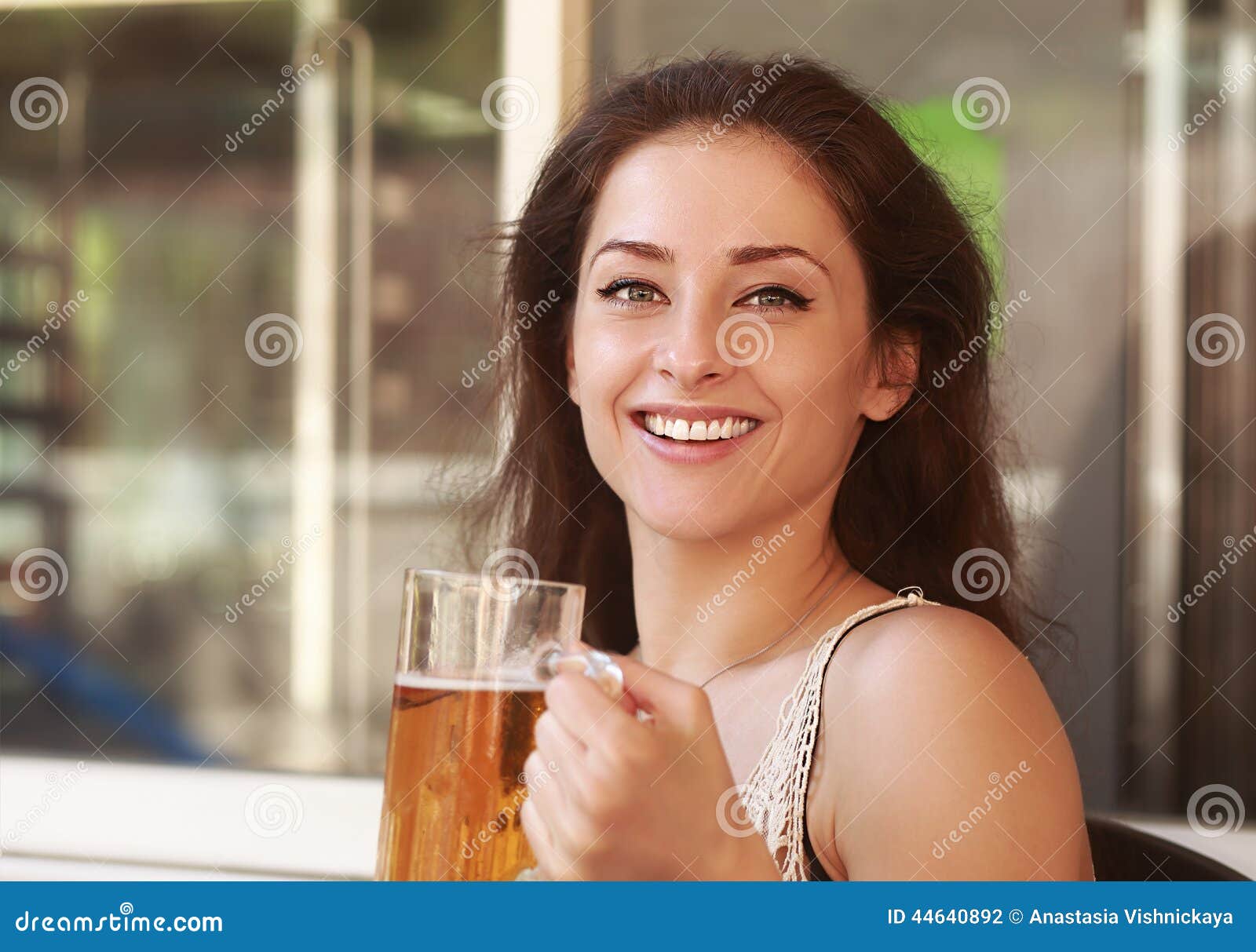 Laughing Woman Drinking Lager Beer Stock Photo - Image of hair, drink ...