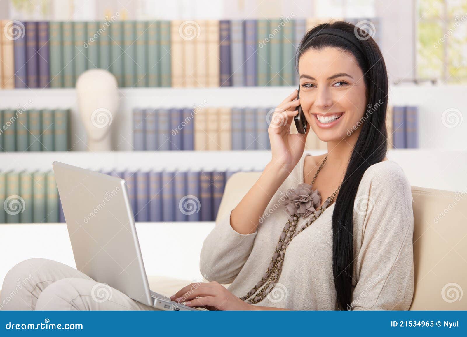 Laughing Woman with Laptop on Call Stock Image - Image of caucasian ...