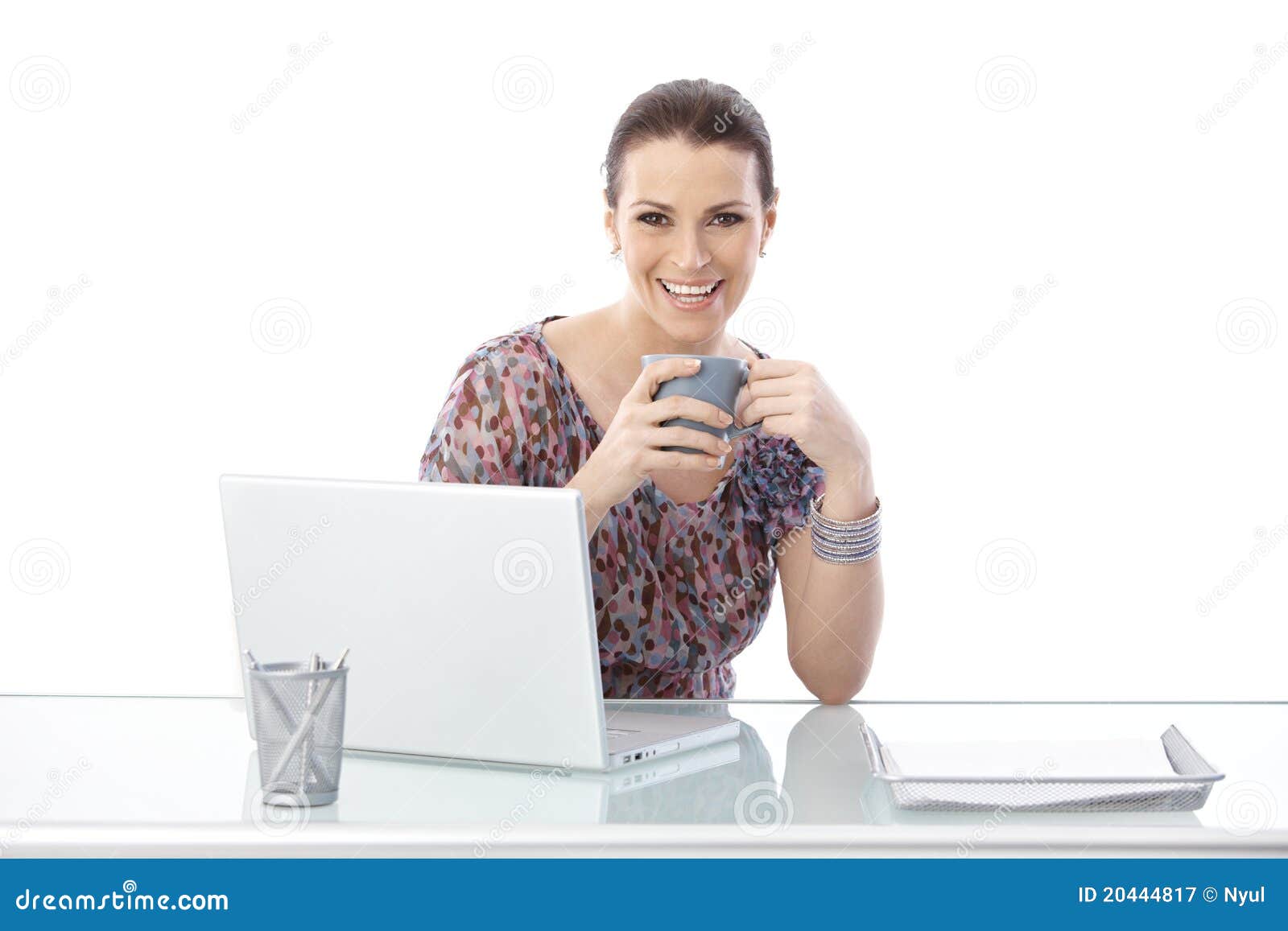 Laughing Woman at Office Desk Stock Image - Image of contact, computer ...
