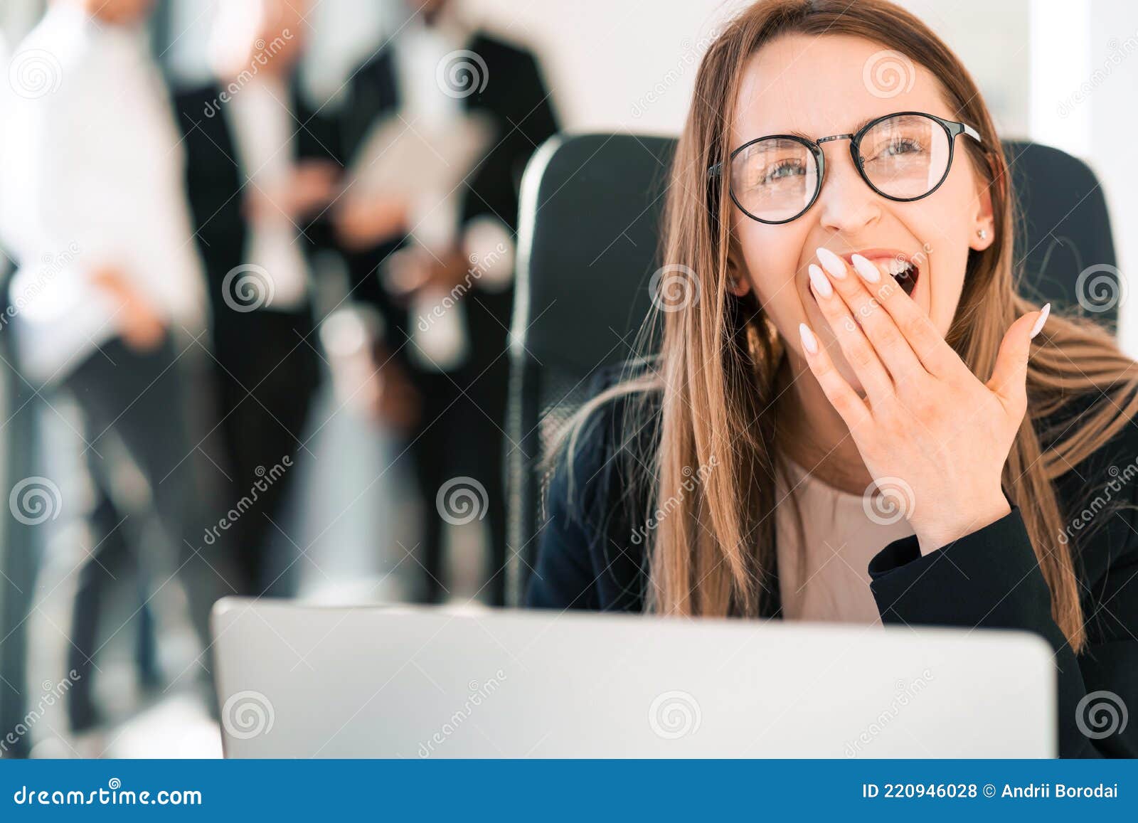 Laughing Woman Office Worker at Laptop in Office. Stock Photo - Image ...