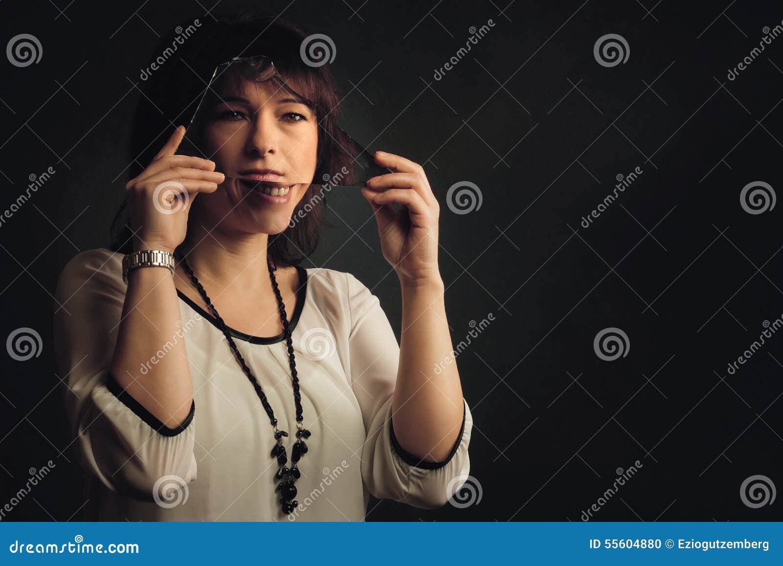 Laughing Woman with Serious Reflection Stock Photo - Image of mask ...