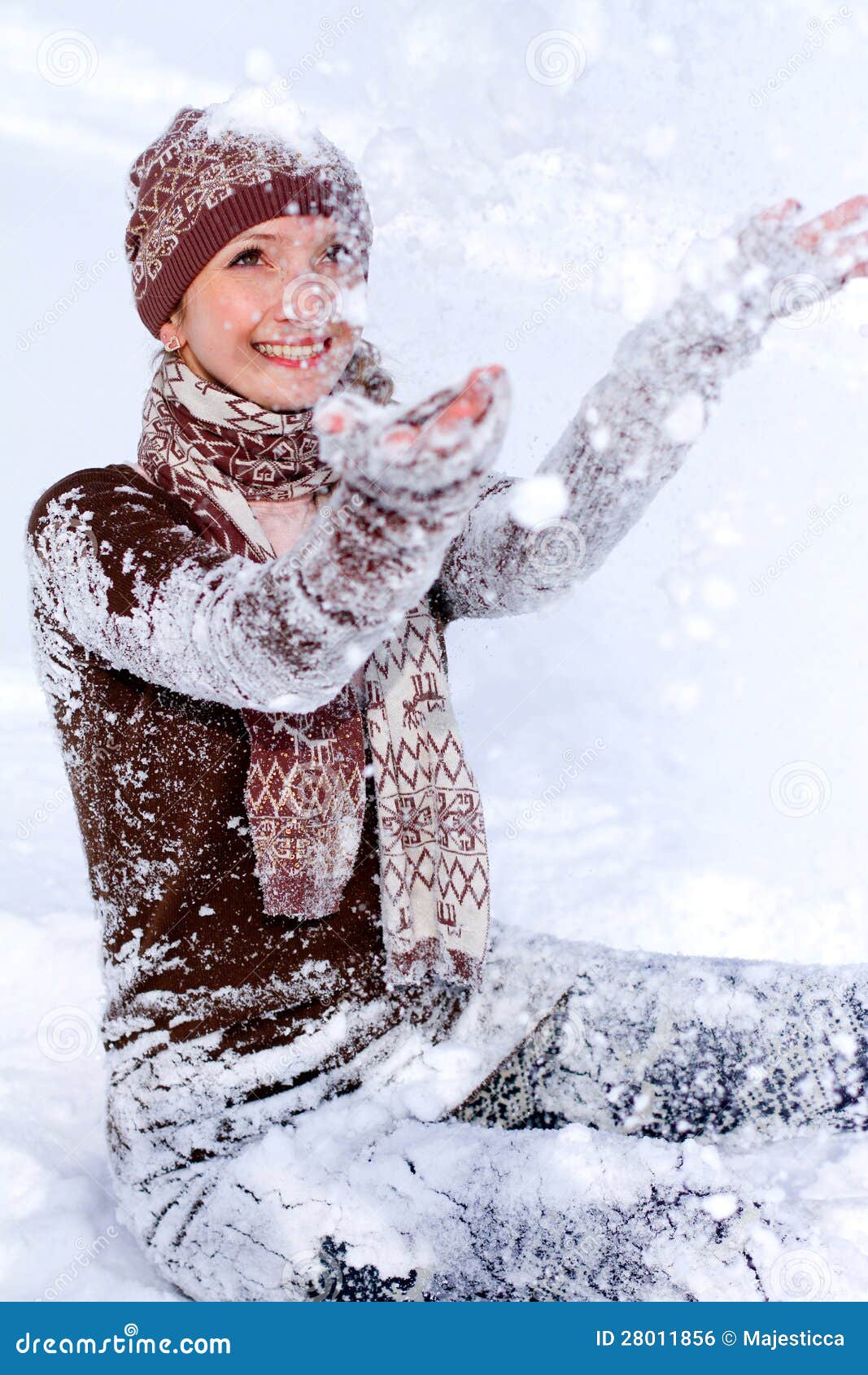 Laughing Young Woman Playing with Snow Outdoors Stock Photo - Image of ...