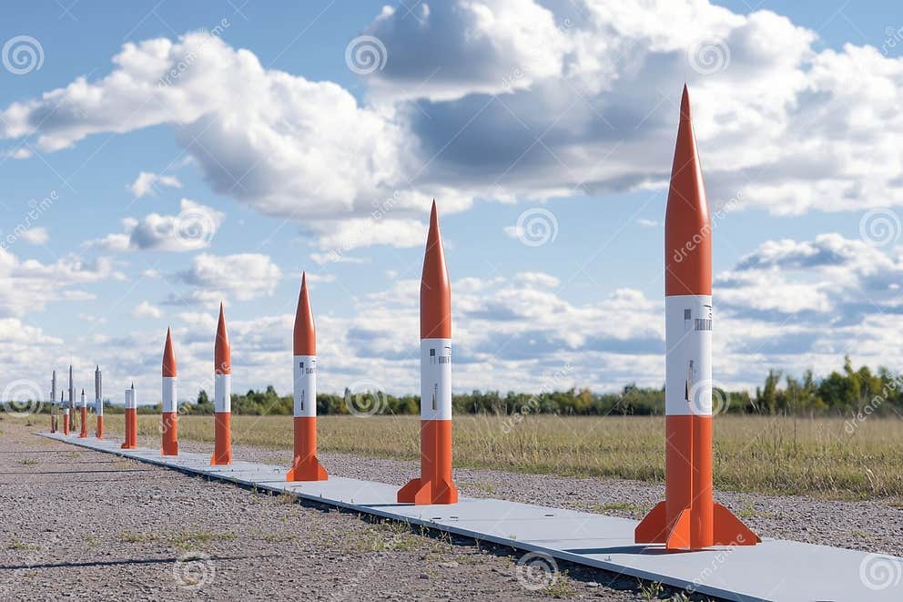 Launch Area with Multiple Test Rockets Under a Cloudy Sky in an Open ...