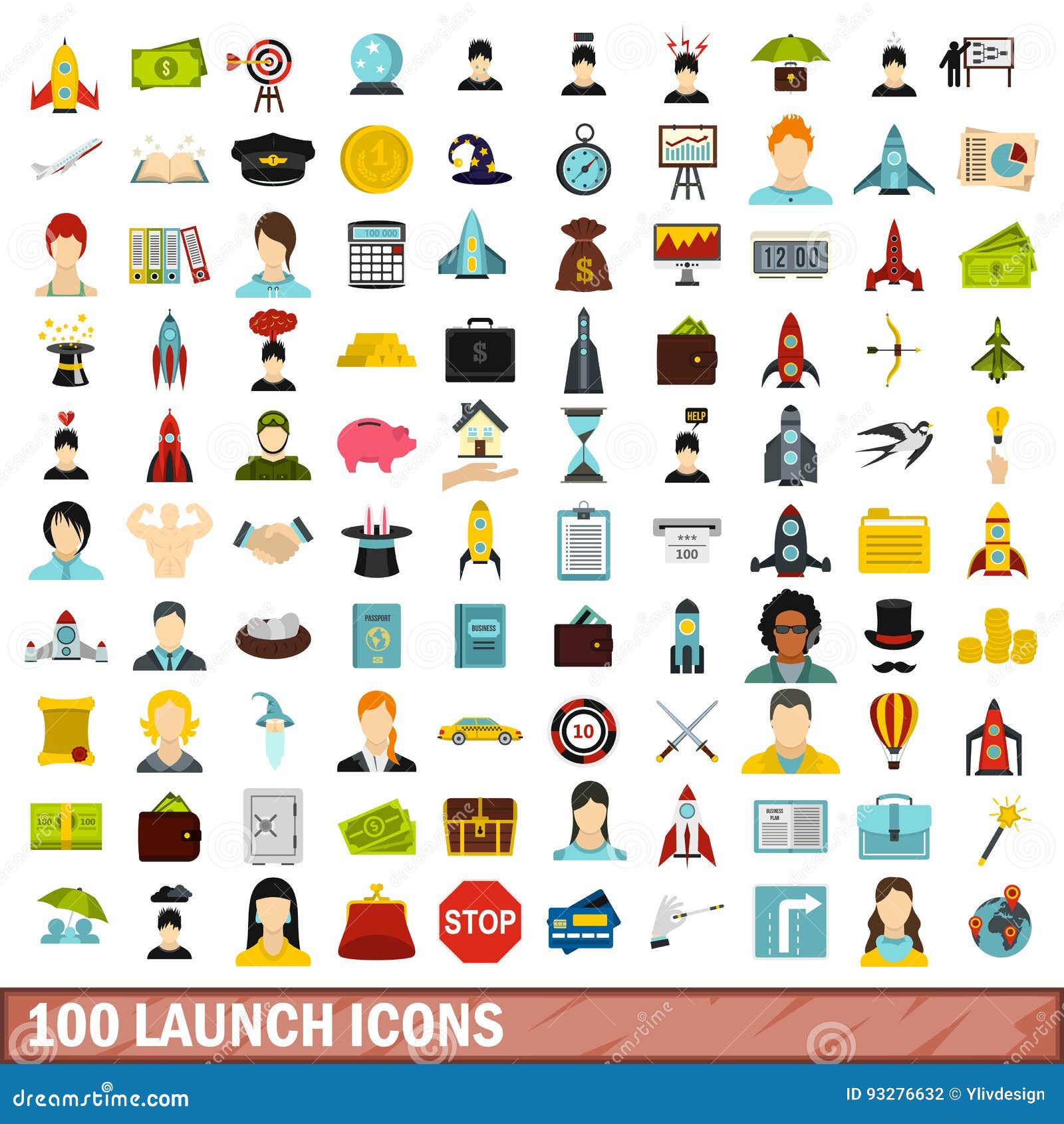 100 Launch Icons Set, Flat Style Stock Vector - Illustration of ...